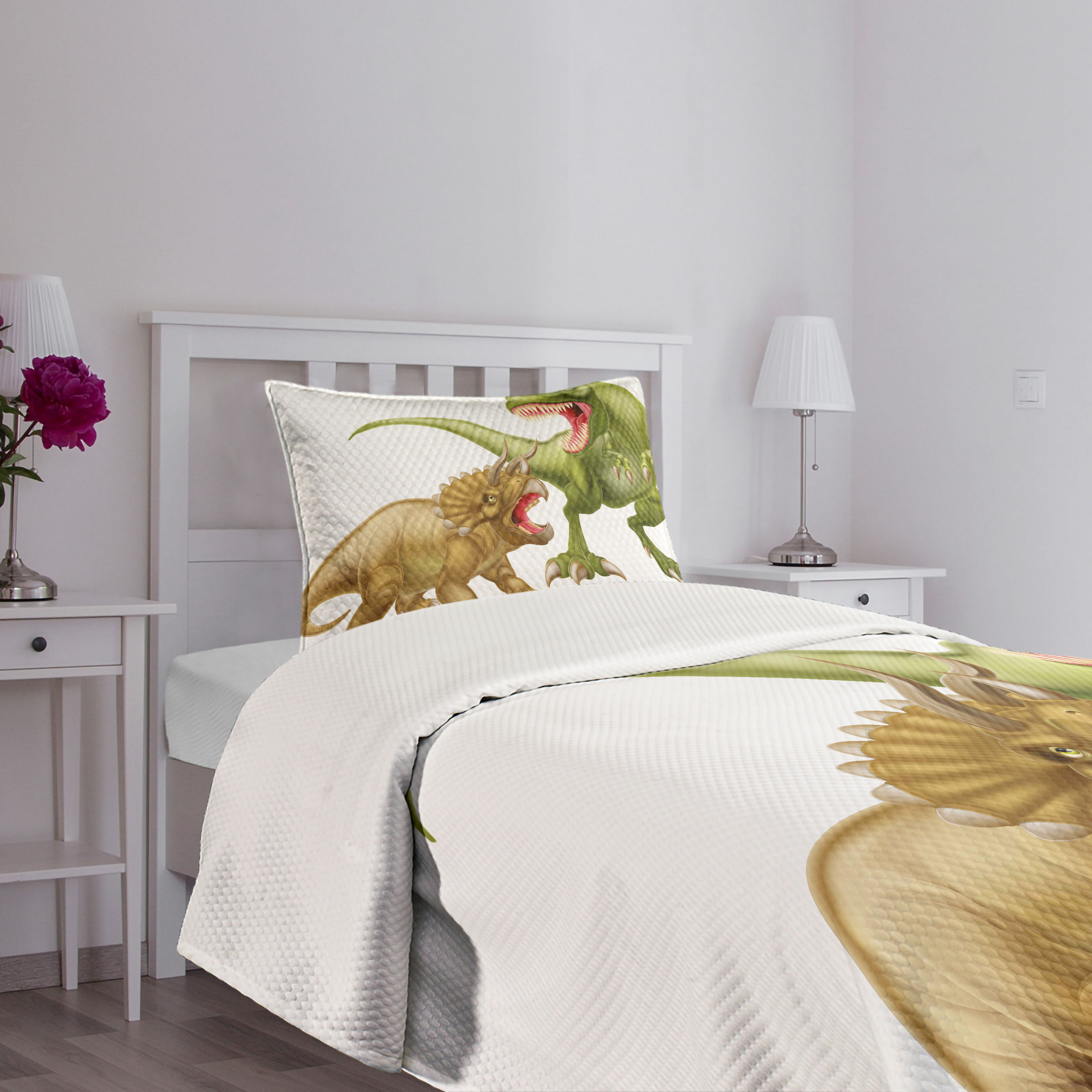 Ambesonne Dinosaur Bedspread 2 Dinosaurs Pattern Green Pink Pale Brown ...