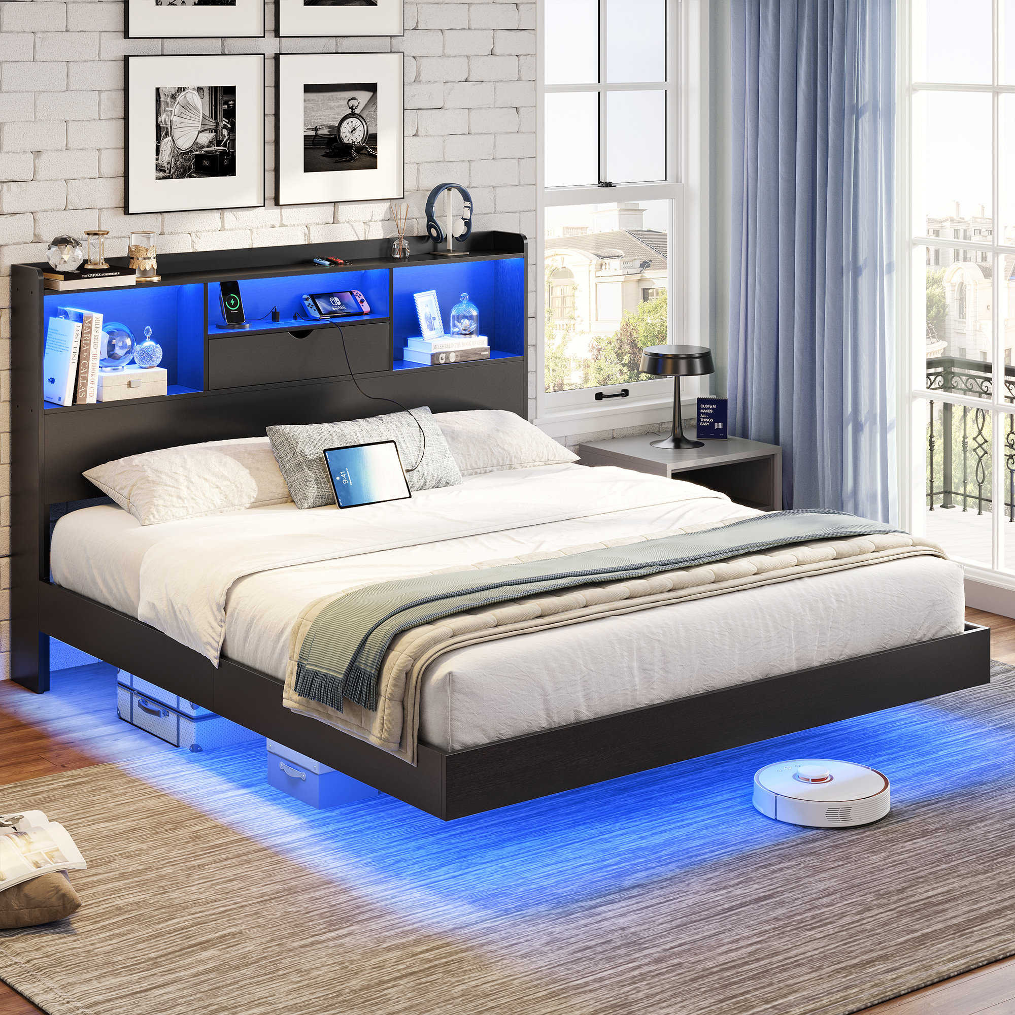 Ivy Bronx Full Size Bed Frame With Bookshelf Headboard And Flip-Up ...