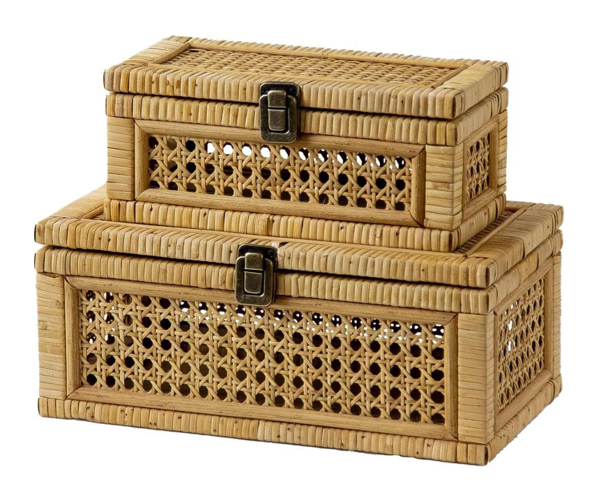 Bayou Breeze Rattan Decorative Box, Boho Display Boxes With Lids, Set ...