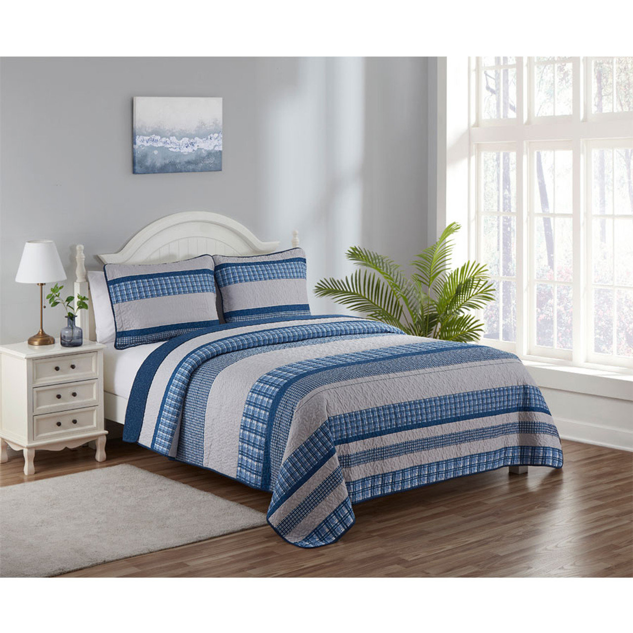 Legacy Decor Blue/White Microfiber Reversible 3 Piece Coverlet ...