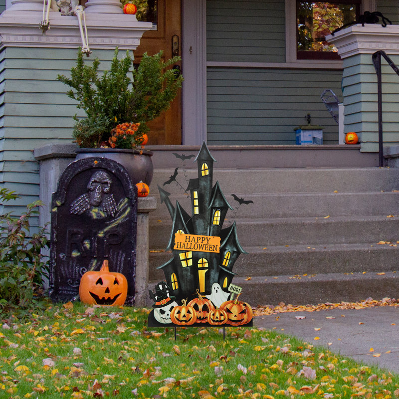 The Holiday Aisle® 32"H Halloween Metal Haunted House Yard Stake | Wayfair