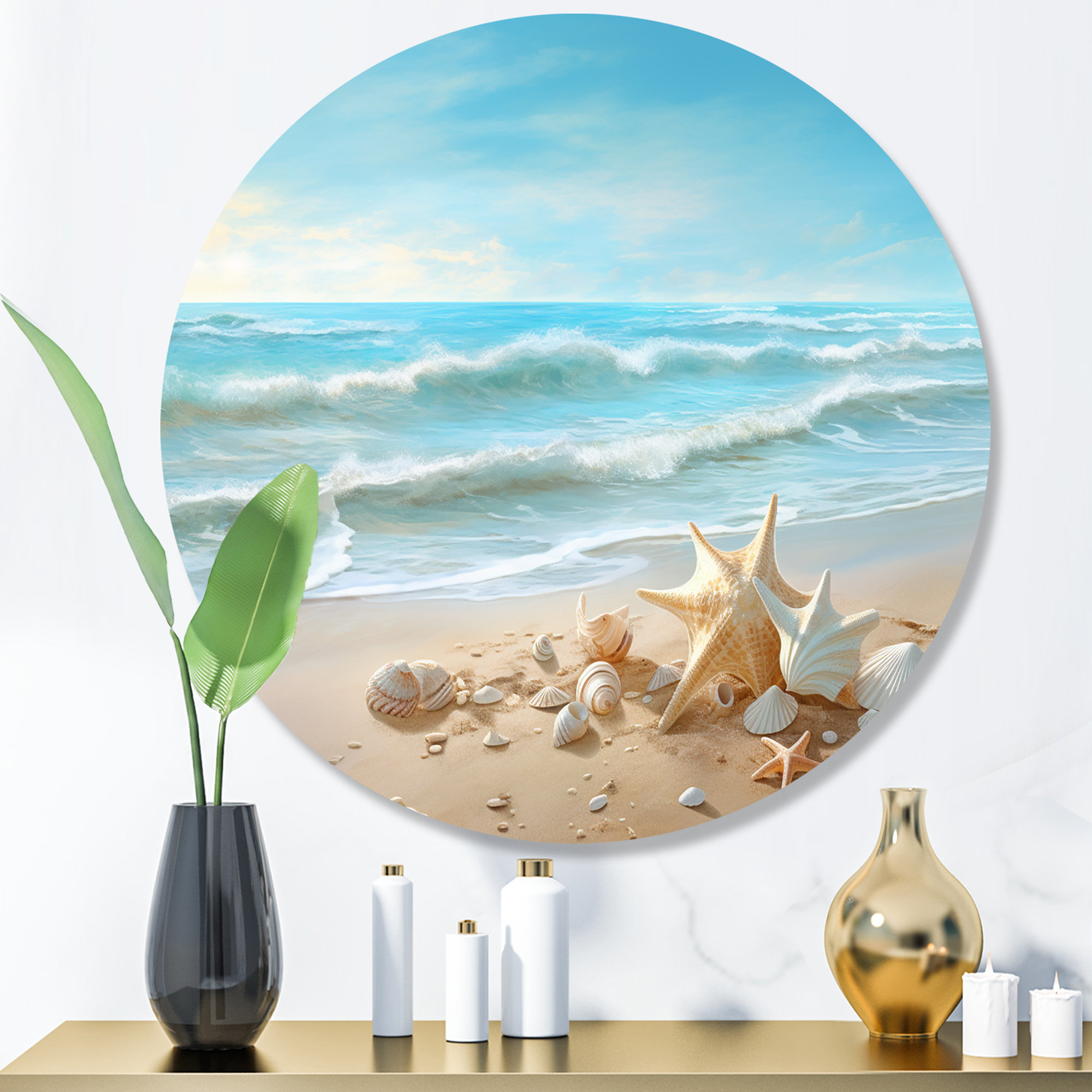 Dovecove Seashells By The Seashore - Modern Beach Round Metal Wall Art ...
