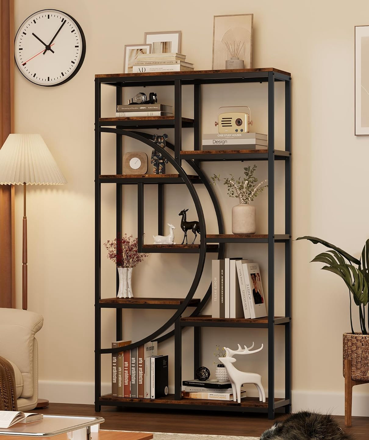 17 Stories 9 Tiers Industrial Bookshelf With Wood Open Shelf | Wayfair