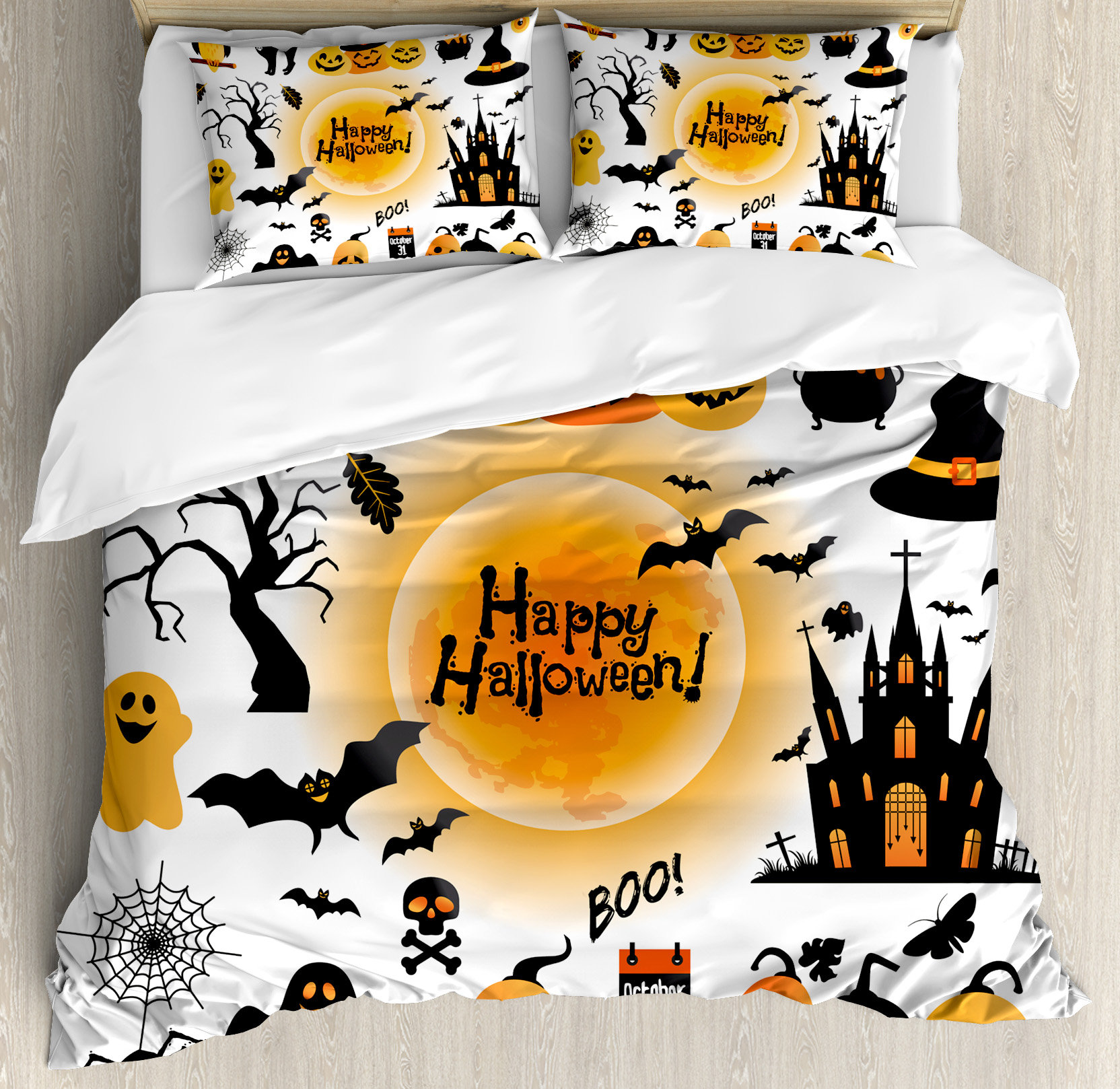 Ambesonne Halloween All Hallows Day Objects Haunted House Owl and Trick ...