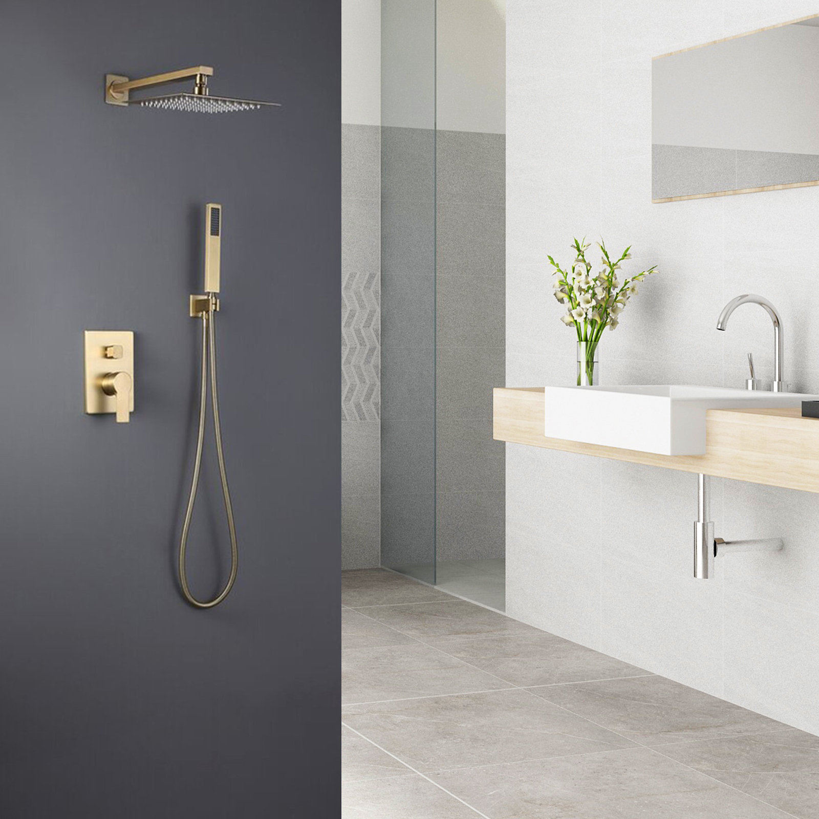 MODLAND Brushed Gold Wall Mounted Bathroom Shower System Bathroom Rain ...
