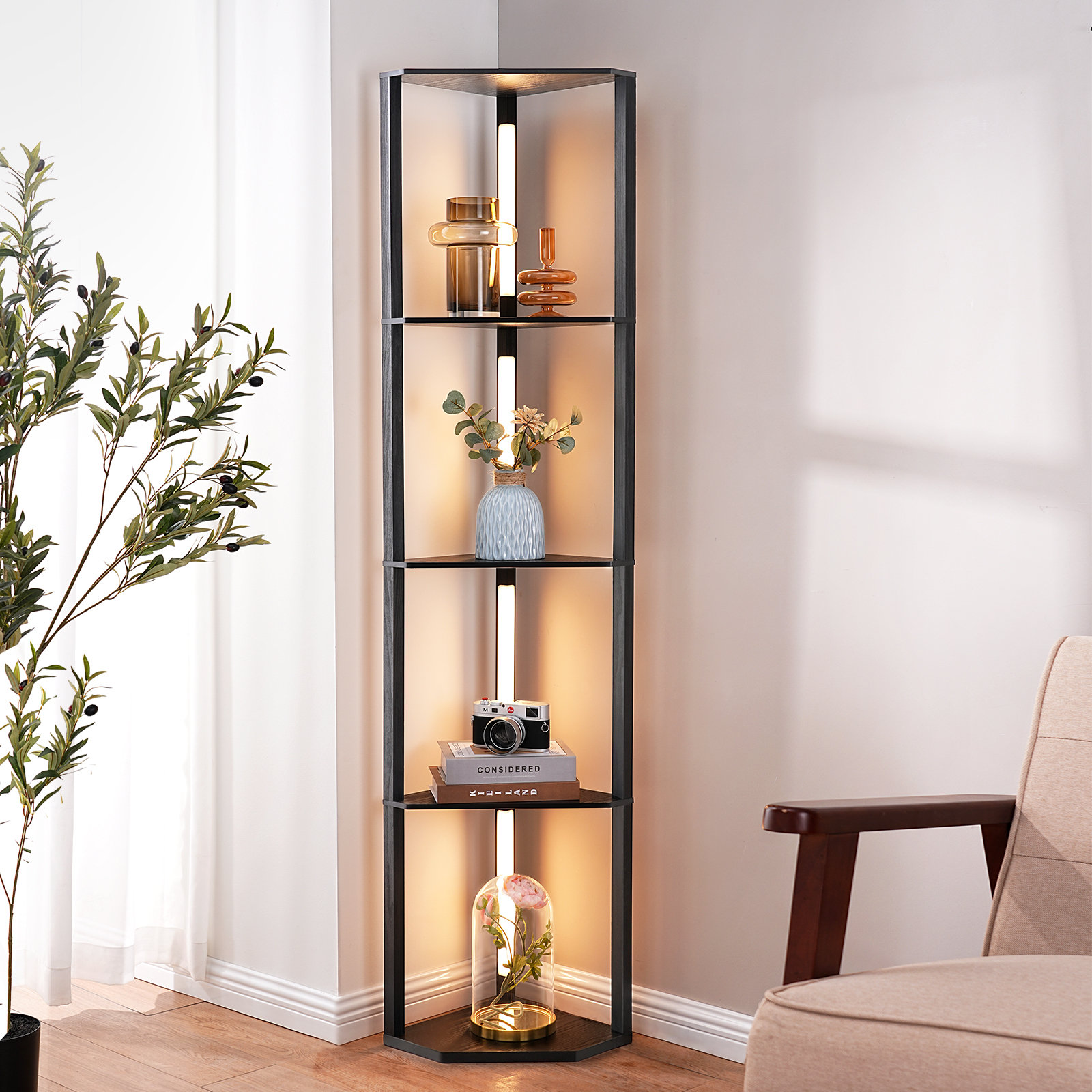 Metro Lane 163Cm Led Corner Floor Lamps With Shelves, 4 Layers Wood ...