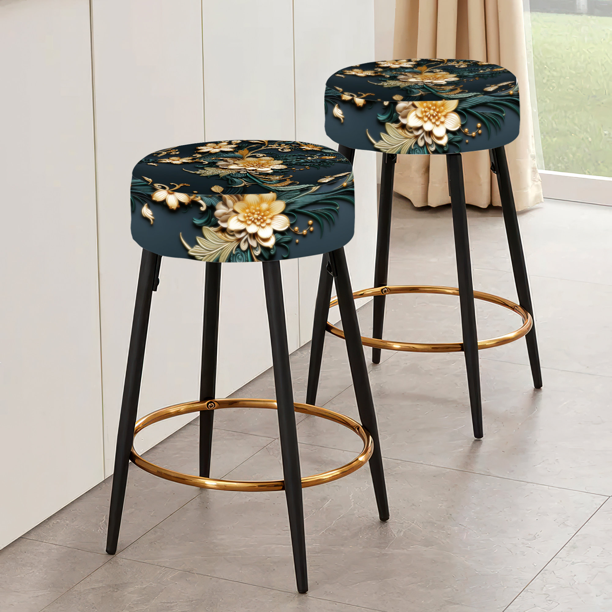 Design Art Imperial Embellishments - Oriental Floral Bar Stools Set Of ...