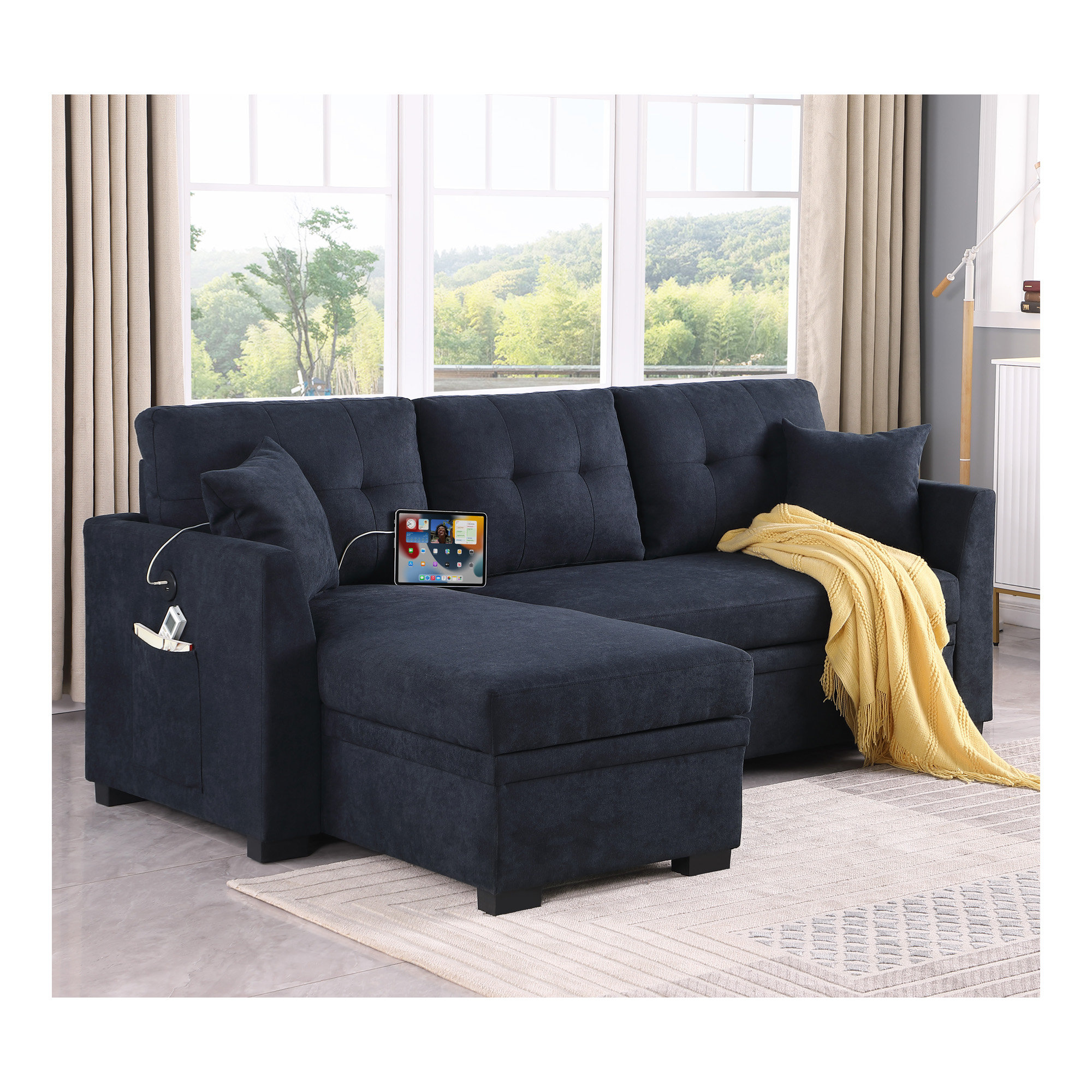 Taroo Clocks Sectional Sofa Bed L-Shaped Sofa Couch Bed with USB Port ...