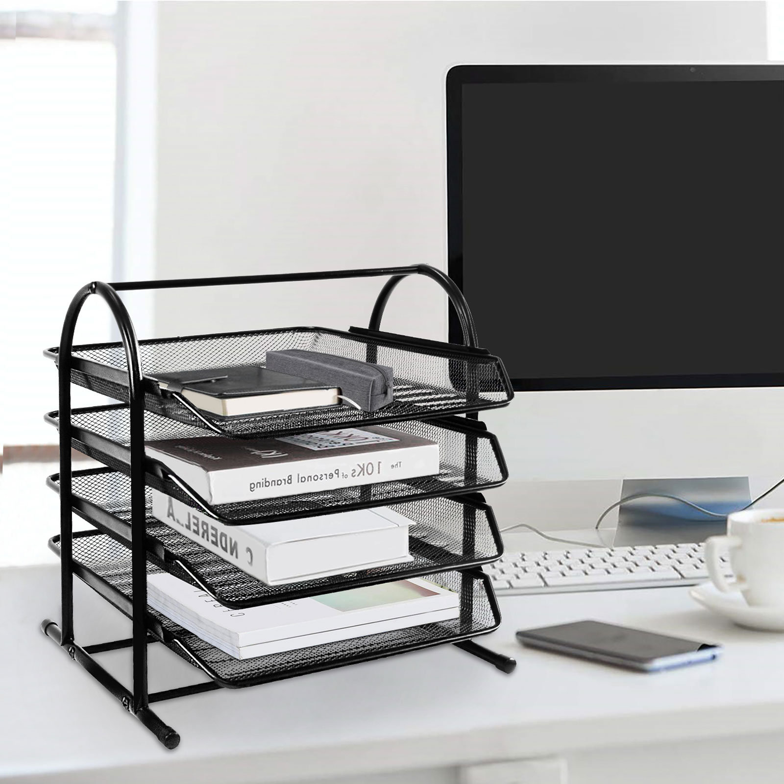 Latitude Run® Office File Organizer Rack 4-Tier Desk Organizer Metal ...