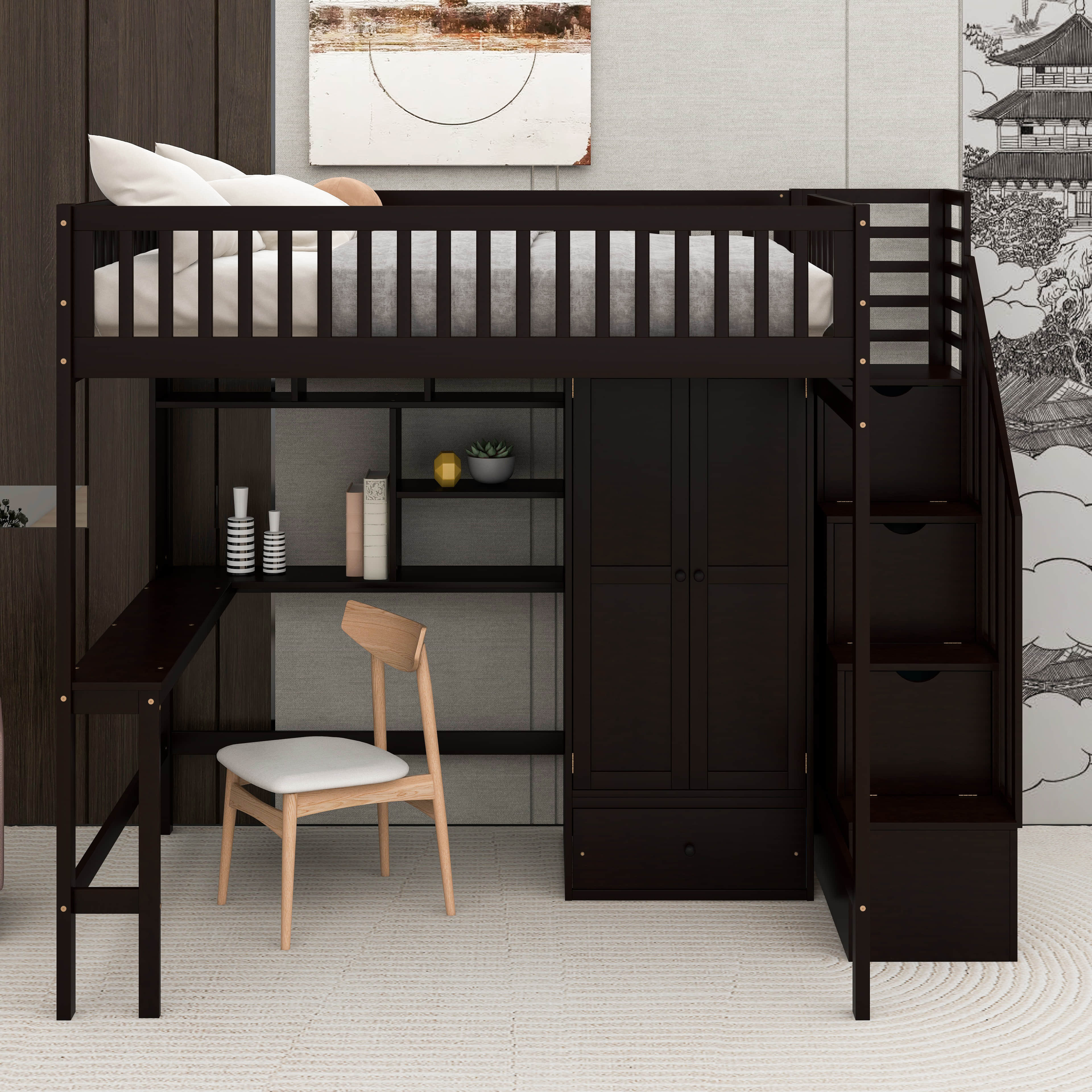 Harriet Bee Jovina Full size Loft Bed with Bookshelf, Drawers, Desk and ...