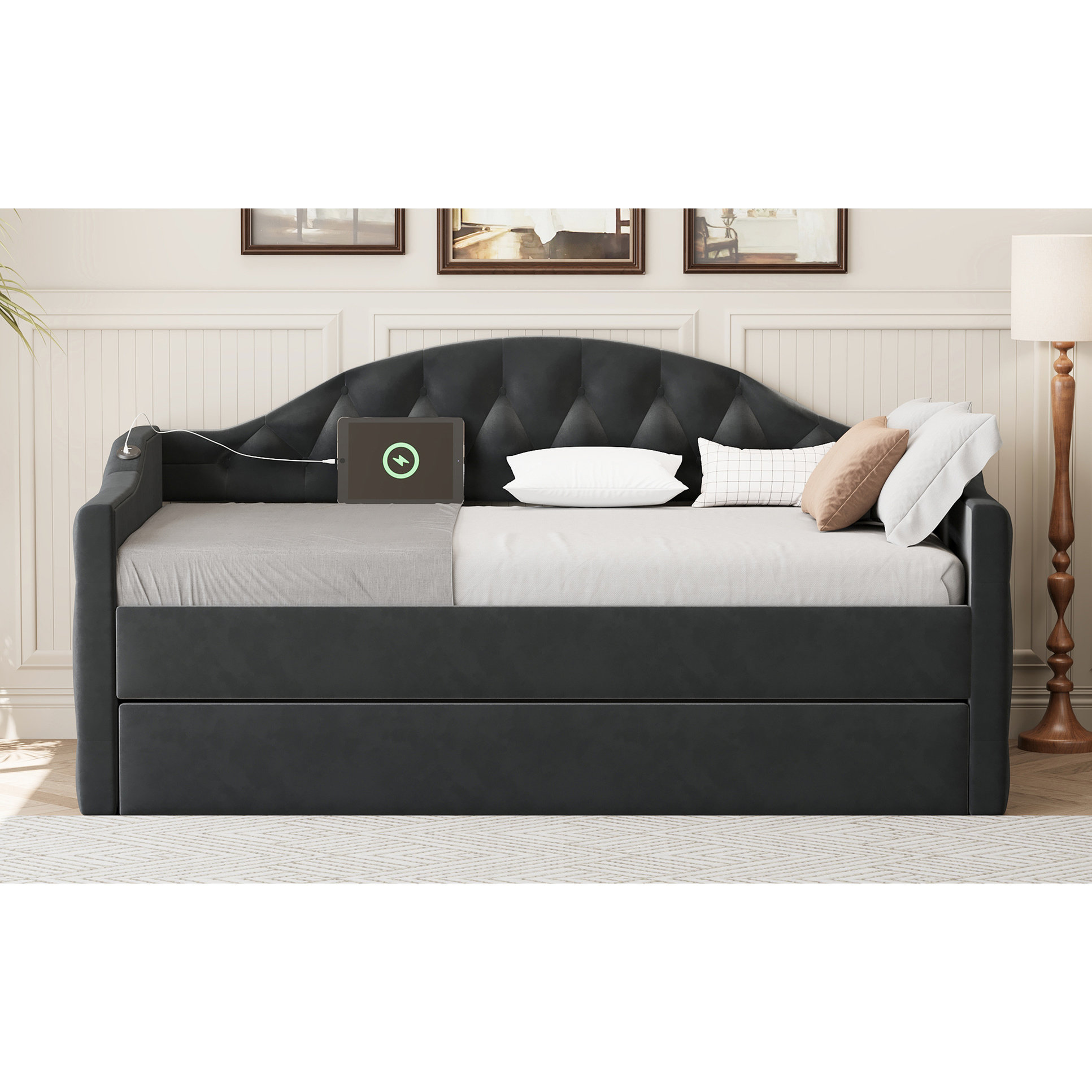 Mercer41 Twin Daybed With Velvet Upholstery, Trundle For Guests ...