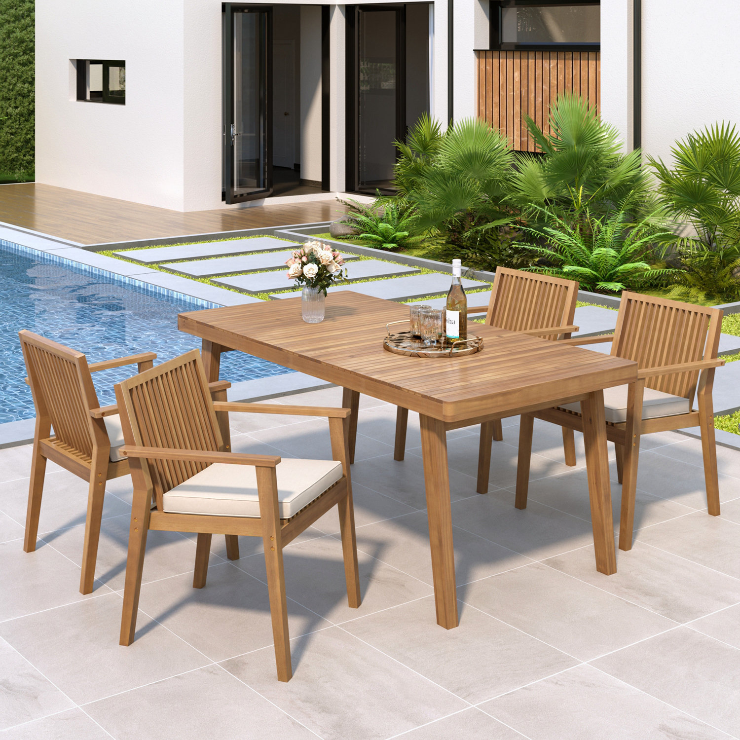 Corrigan Studio 5 Pieces Outdoor dining Sets with four slat back Chairs and rectangle table ...