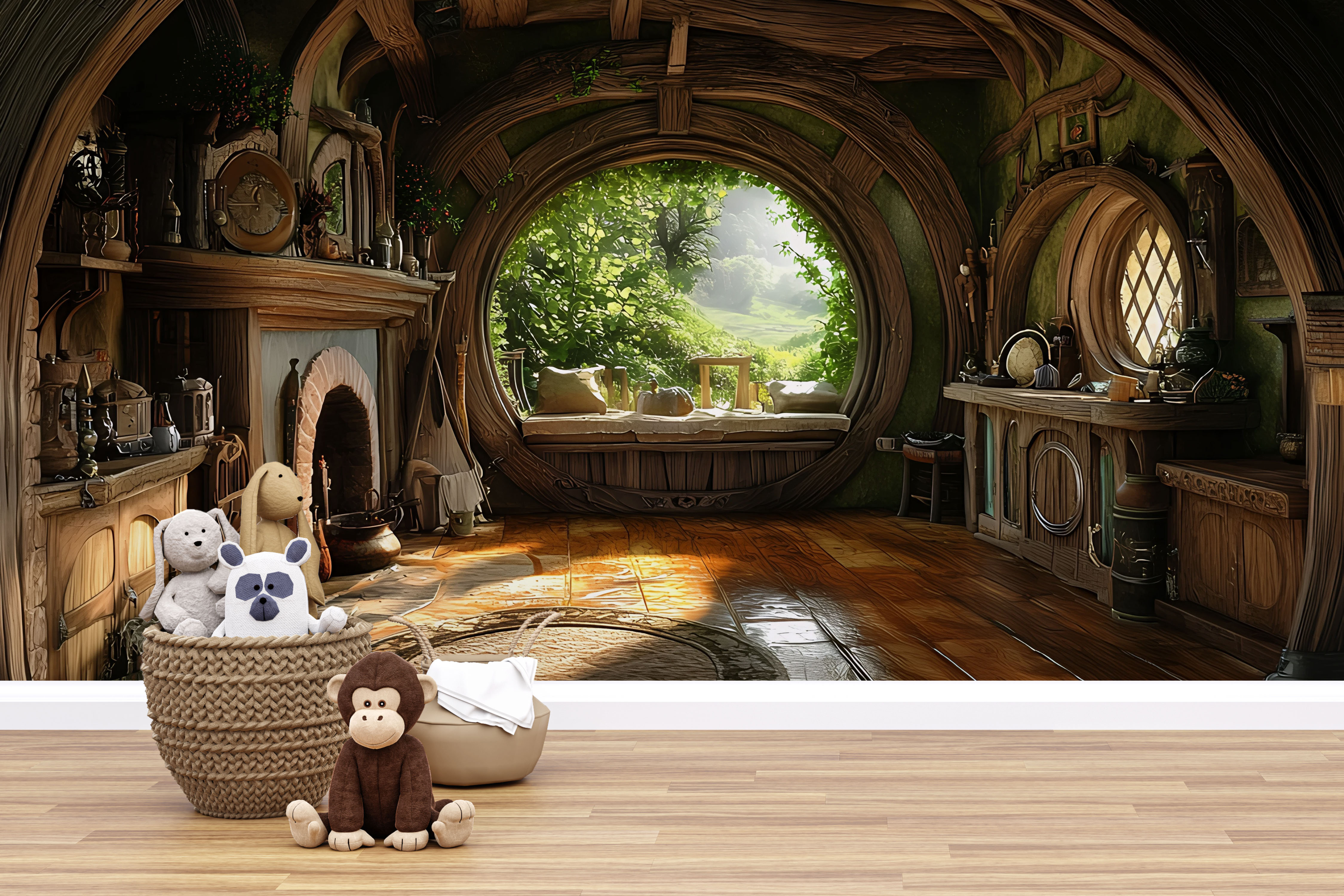 Trinx Cozy Hobbit Home Interior Wallpaper With Round Windows And Rustic ...