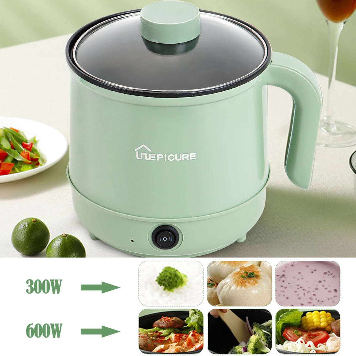 Deago Electric Hot Pot 1.7L Non-stick Ramen Cooker Dual Power Control ...