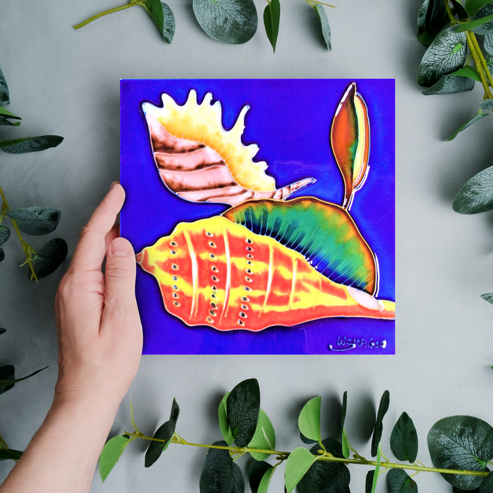 Continental Art Center 8x8" Three Conch Sea Shells with Blue Background ...