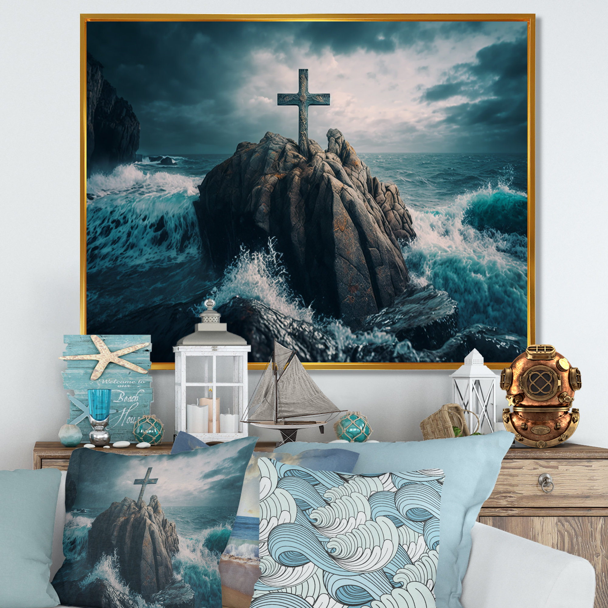 Dovecove Religious Cross In The Ocean Breaking Waves I - Spiritual ...