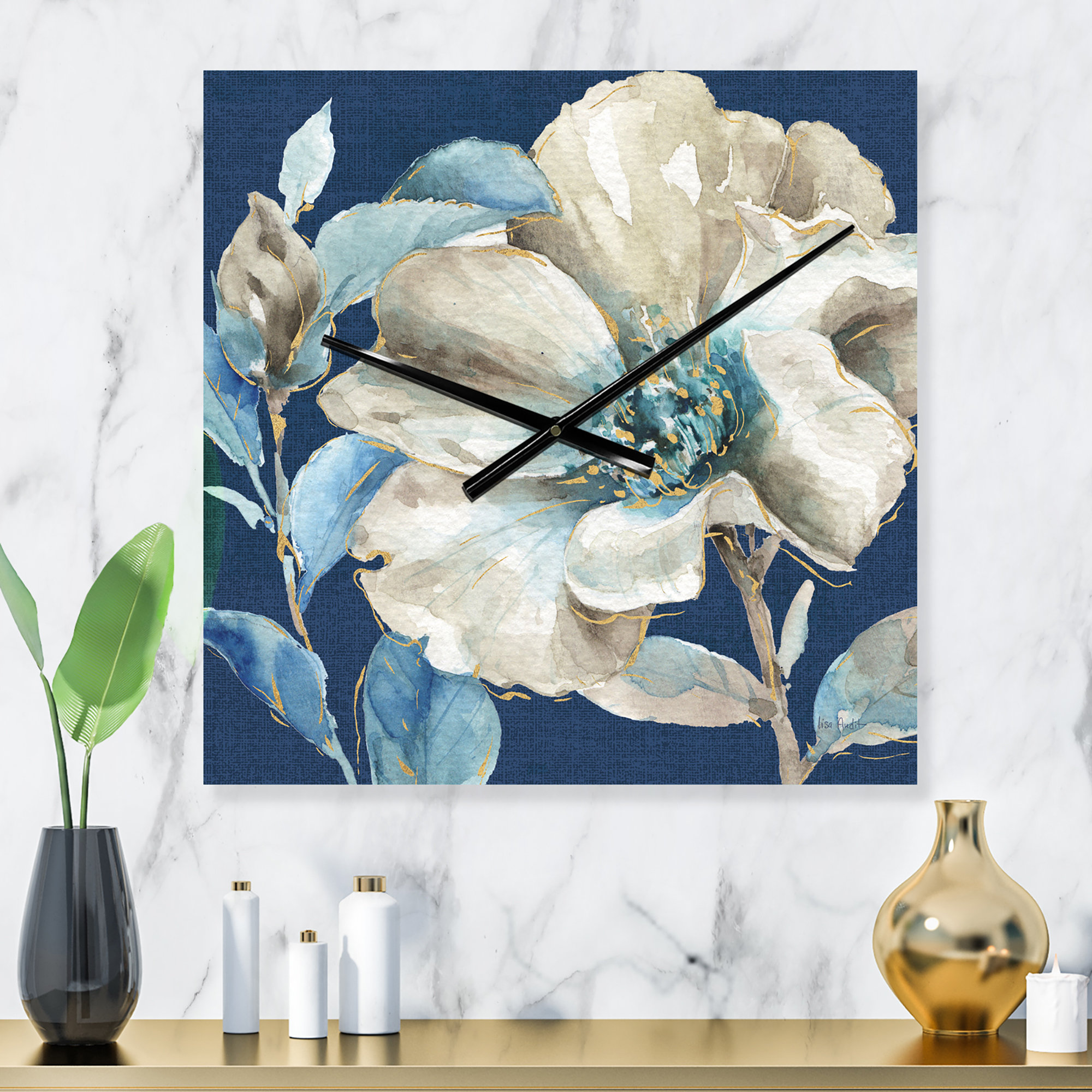 East Urban Home Indigold Watercolor Flower I - Traditional Wall Clock ...