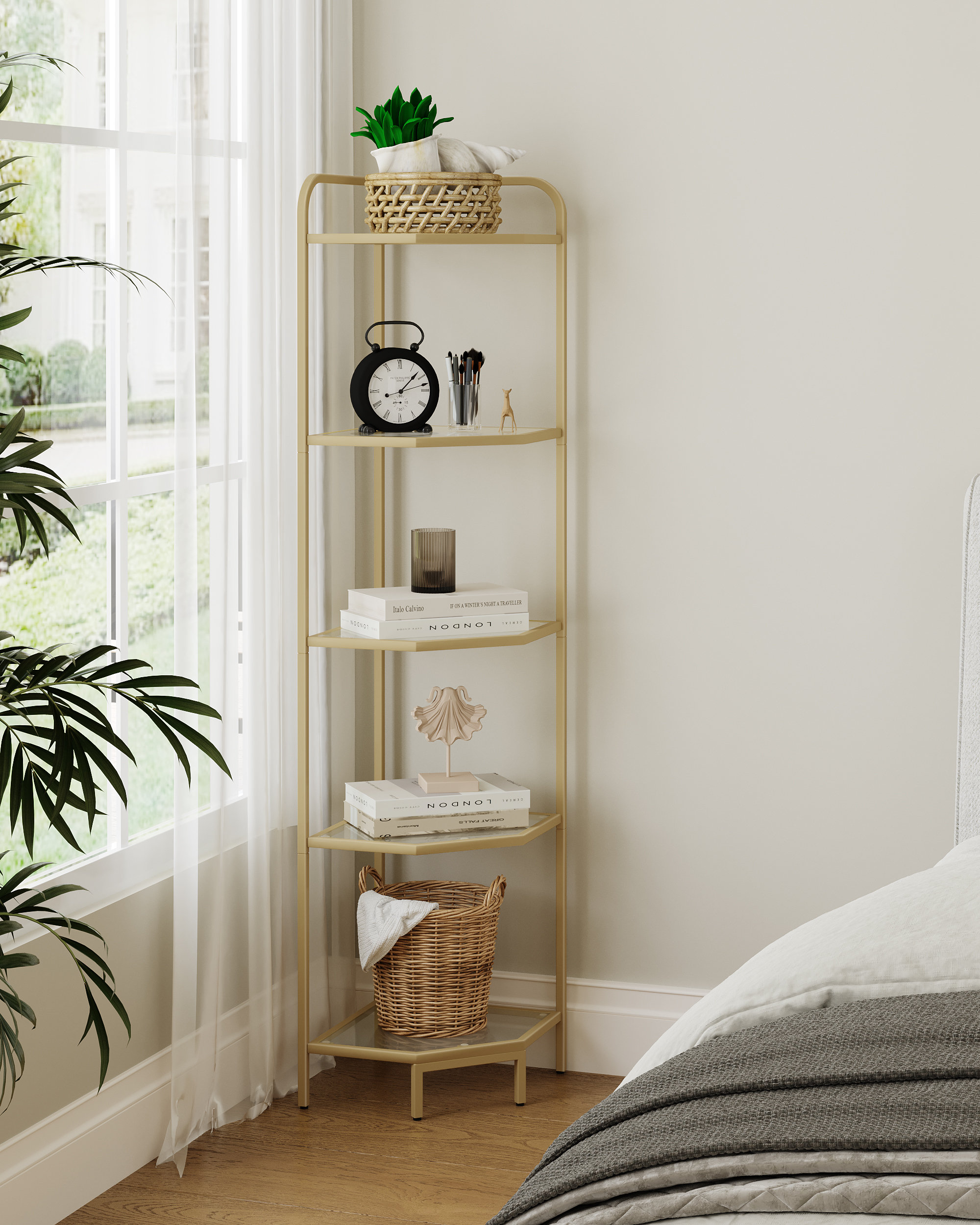 Mercer41 Wiebke Corner Shelf Stand, Glass Bookshelf Bookcase, Bathroom ...