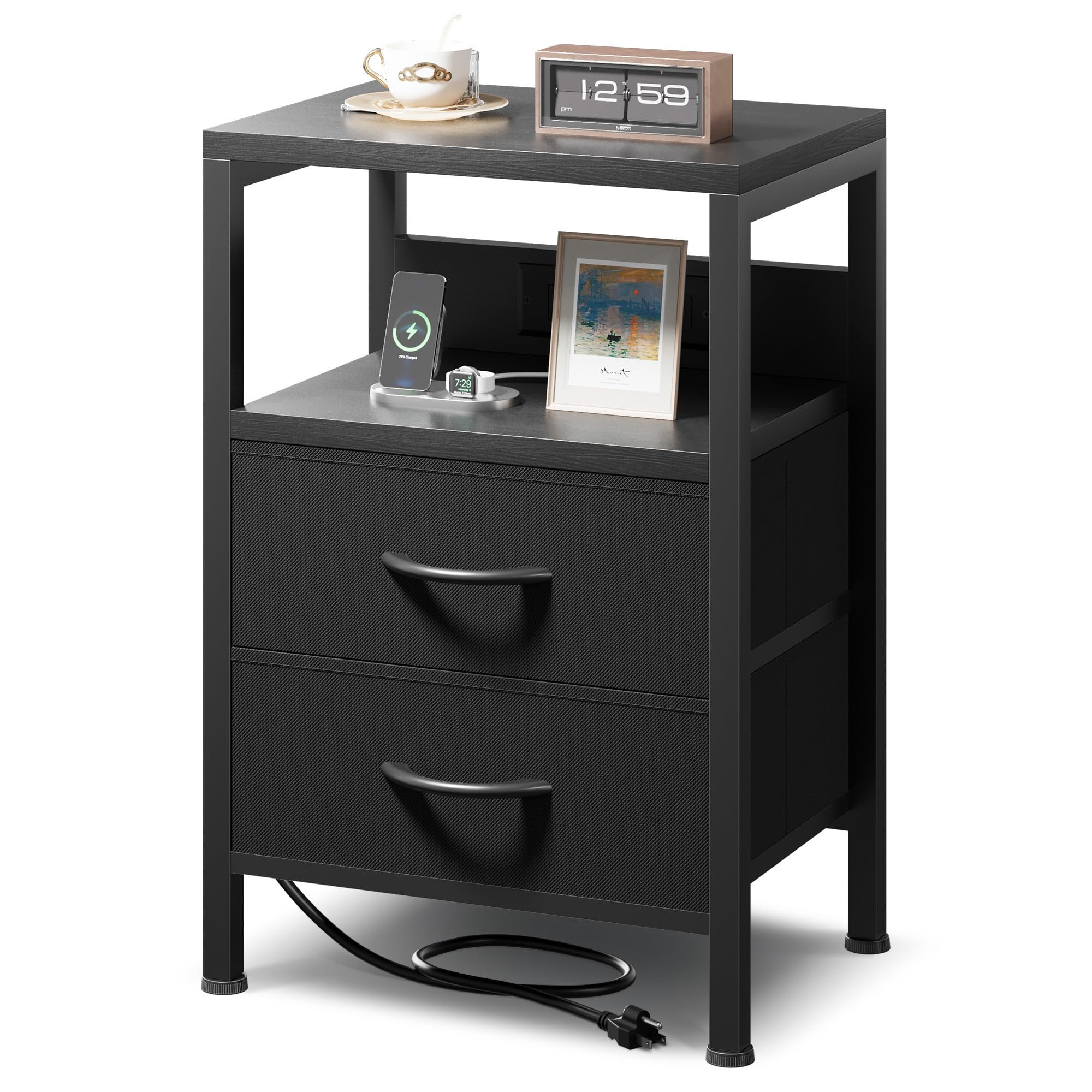 17 Stories Modern bedside charging nightstand. Features an open shelf ...