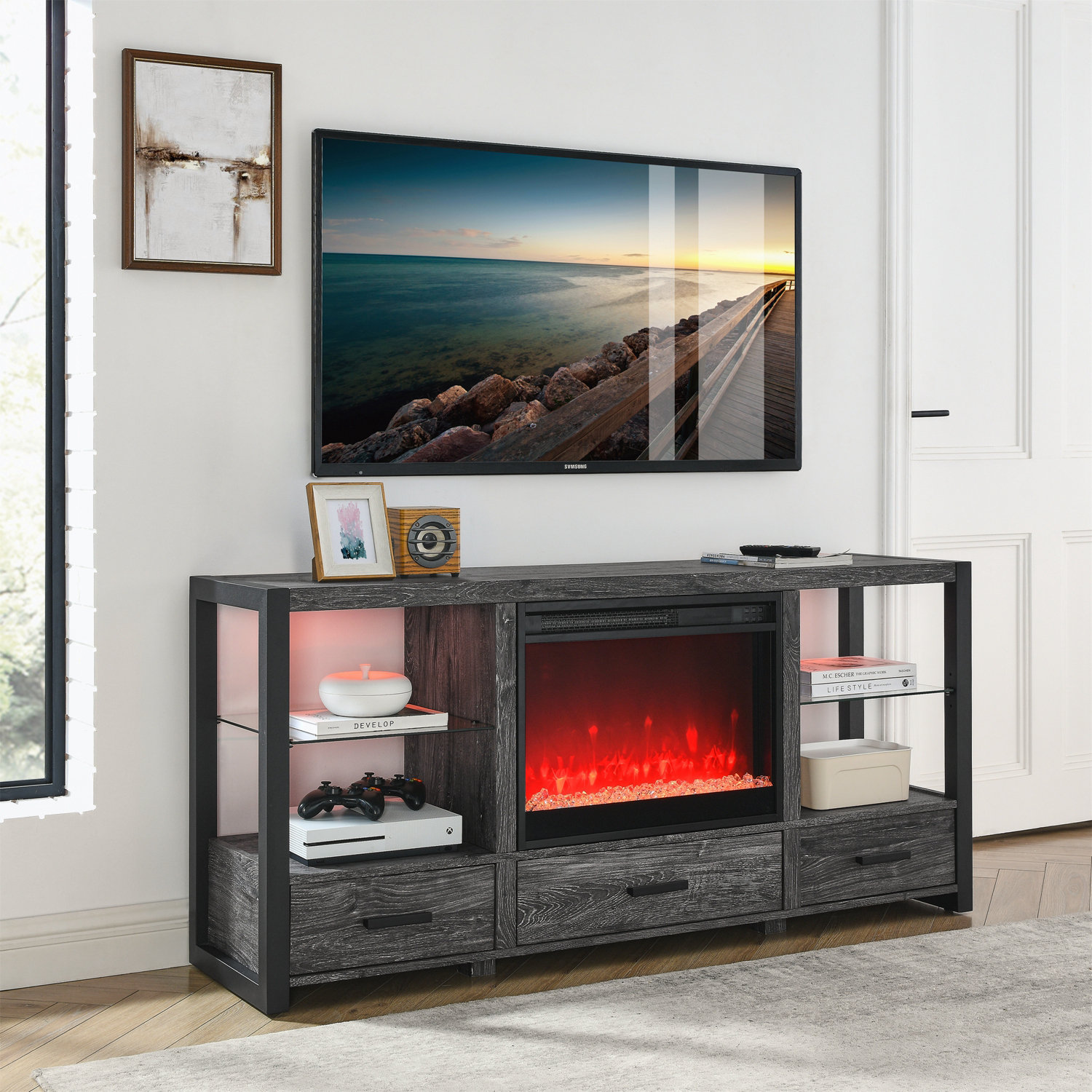 Ivy Bronx wooden frame TV Stand with Electric Fireplace and three ...