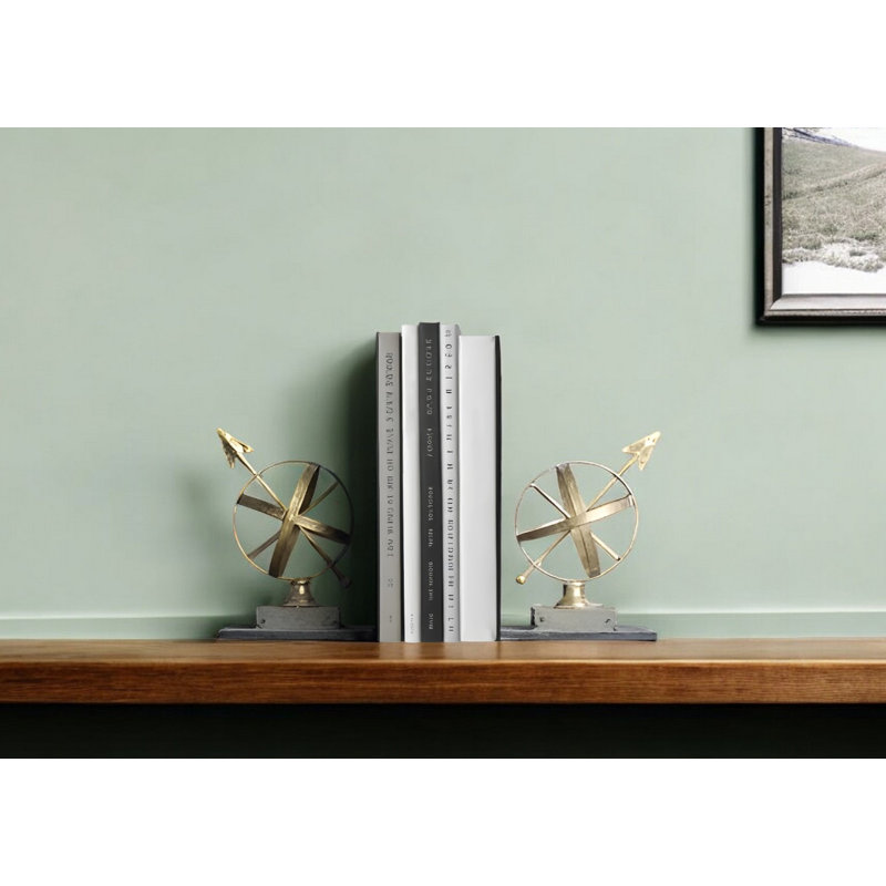 17 Stories (Set of Two) Gold Metal Sphere Compass Decorative Bookends ...