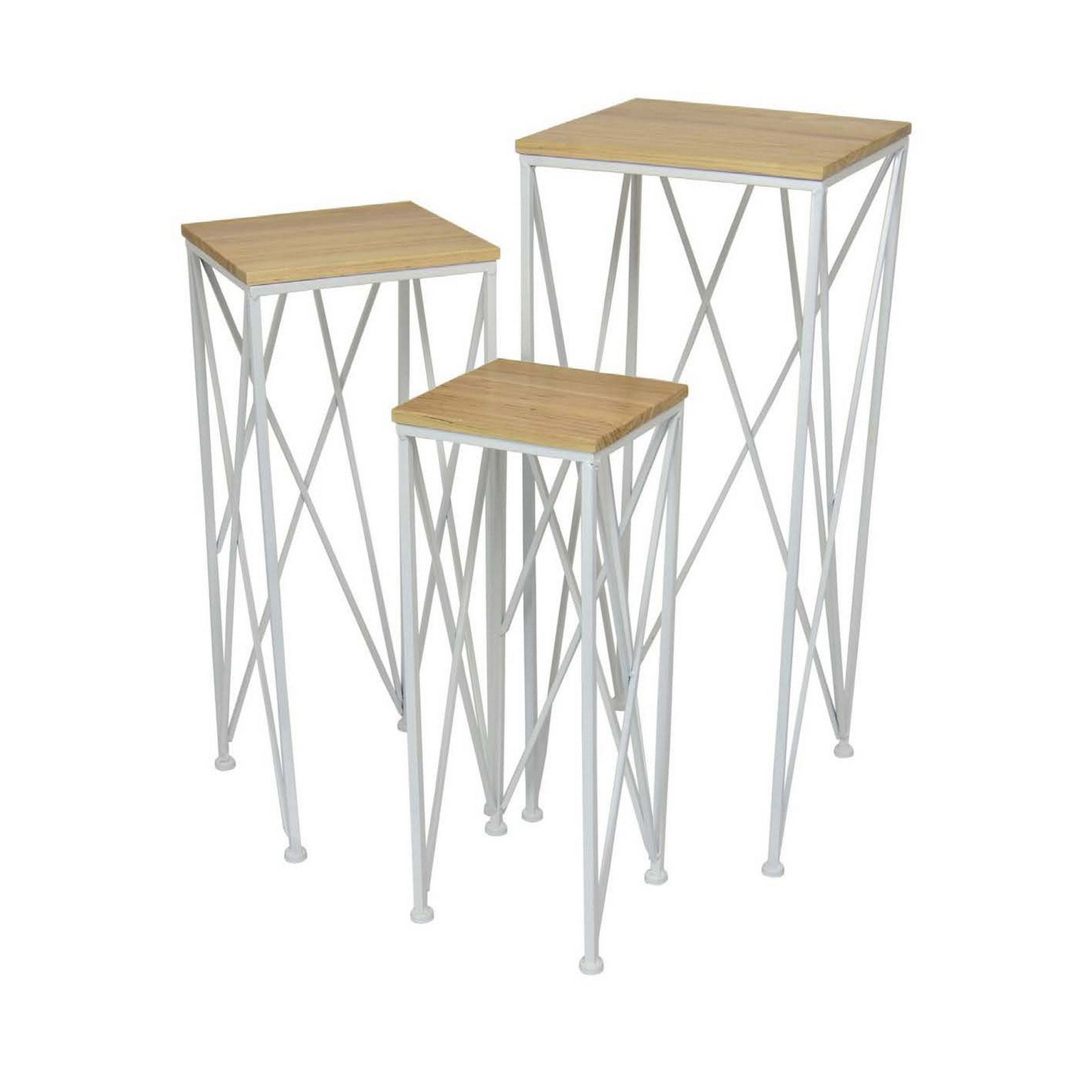 Benjara 3Pc Nesting Plant Stand Table Set, Brown Wood, Open White Metal ...