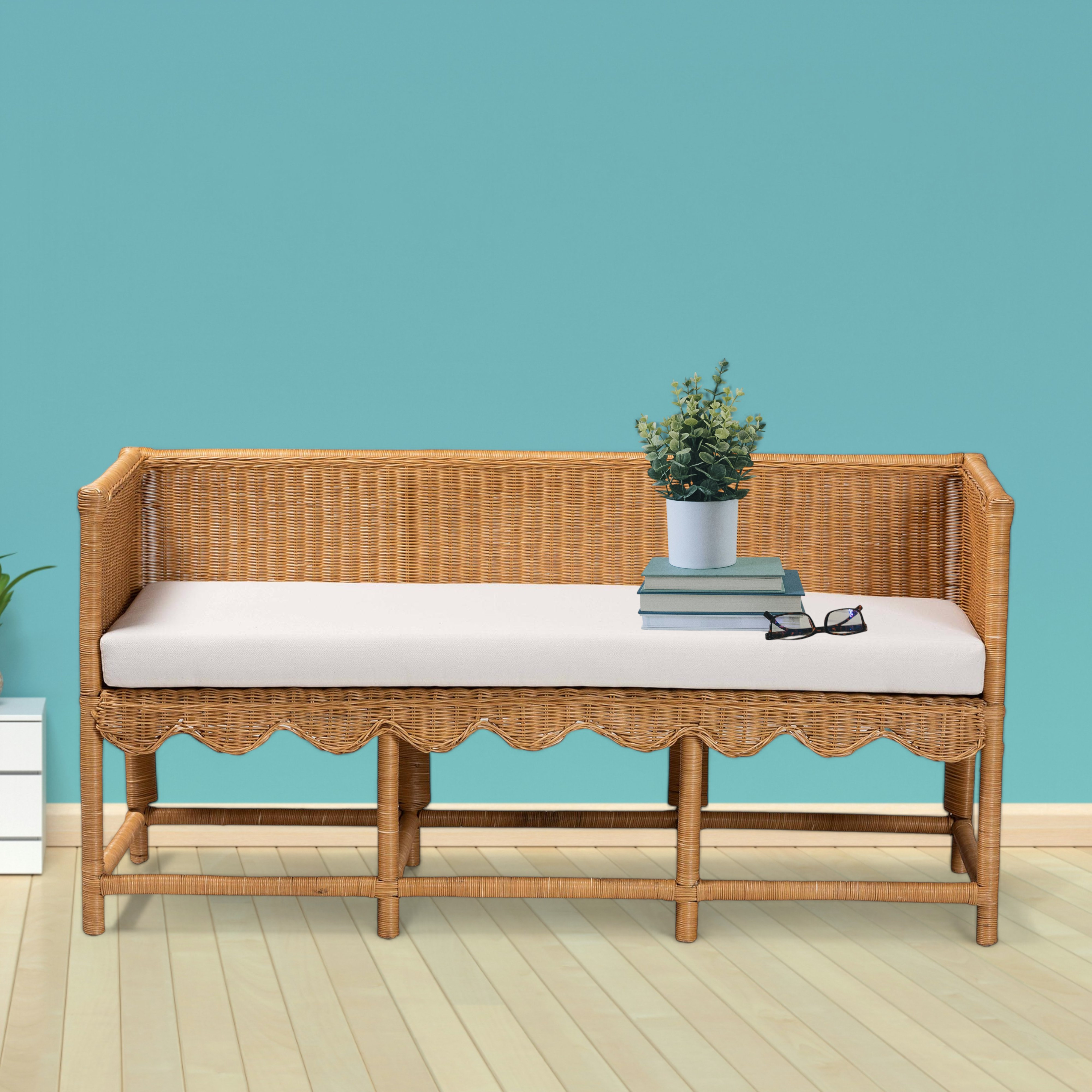 Bayou Breeze Rahan Light Honey Rattan Scallop Accent Bench | Wayfair