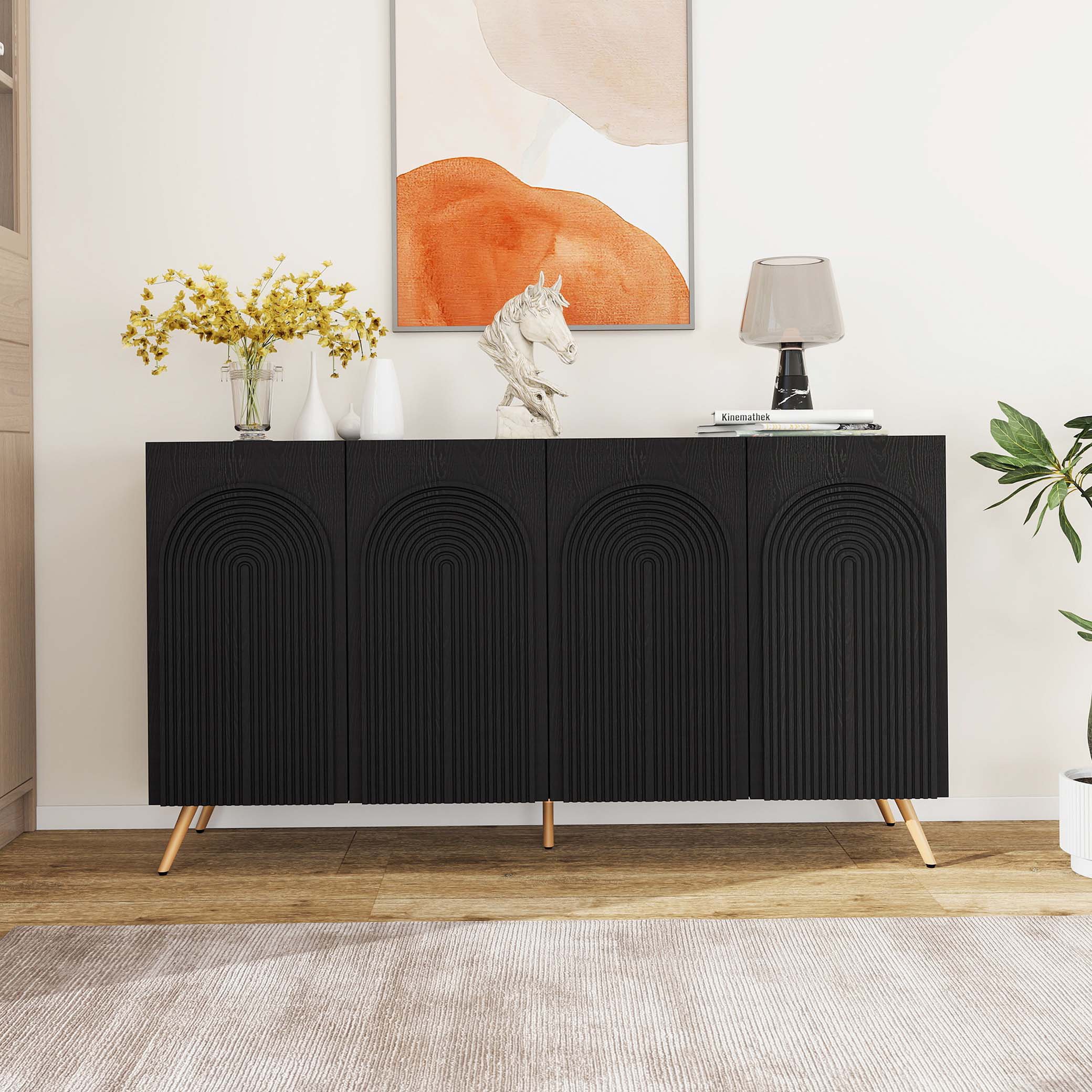 Mercer41 Arch 3D Carved 4 Door Sideboard ,Sideboard Buffet Cabinet With ...
