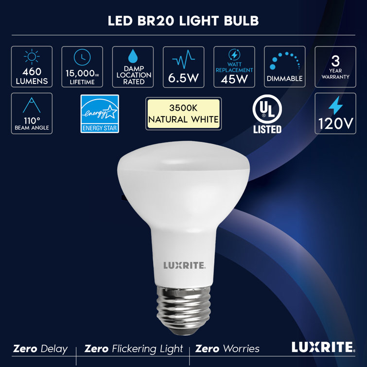 Luxrite 45 Watt Equivalent BR20 E26/Medium (Standard) Dimmable 3500K ...
