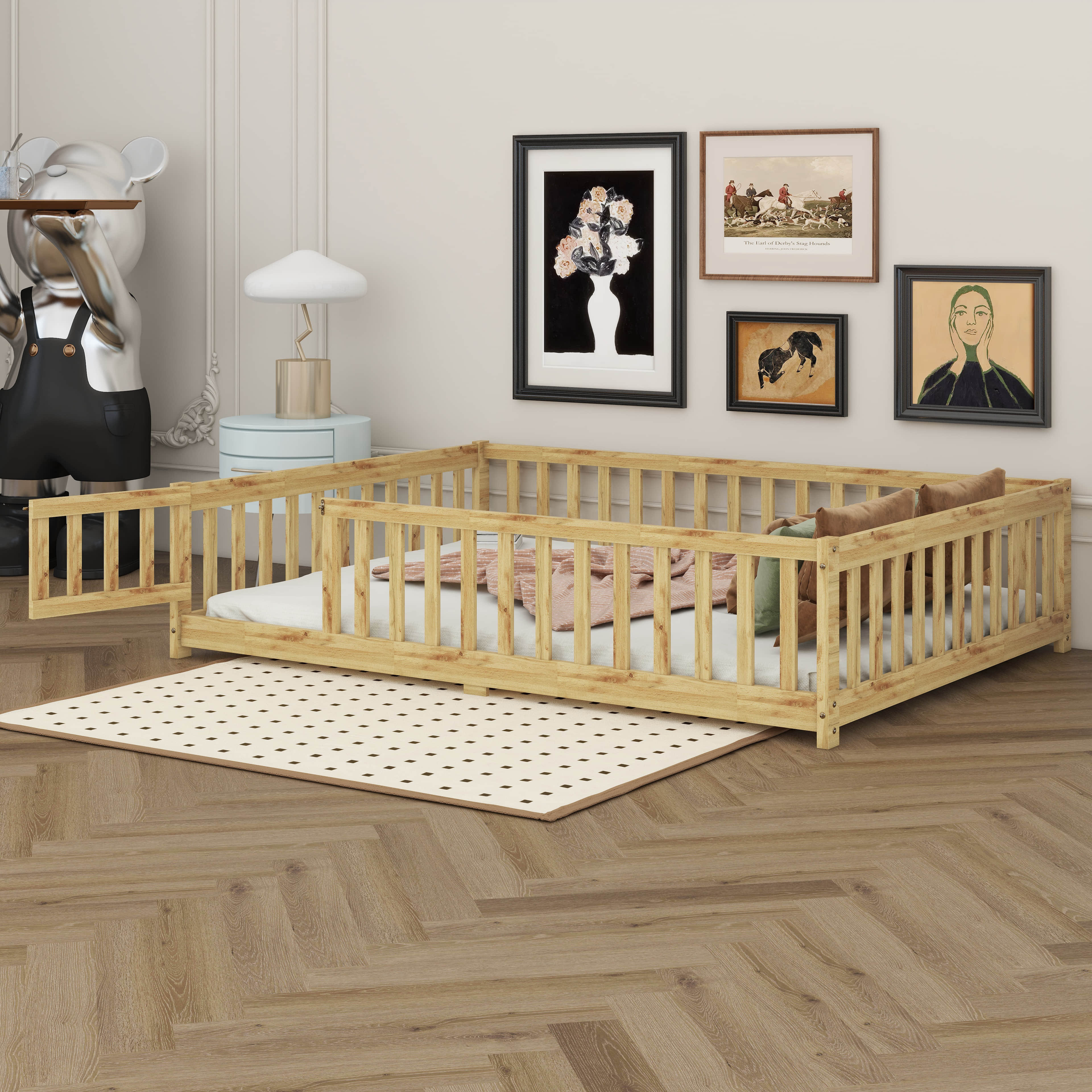 Latitude Run® Full Size Floor Bed With Slats And Fence, Solid Wood ...