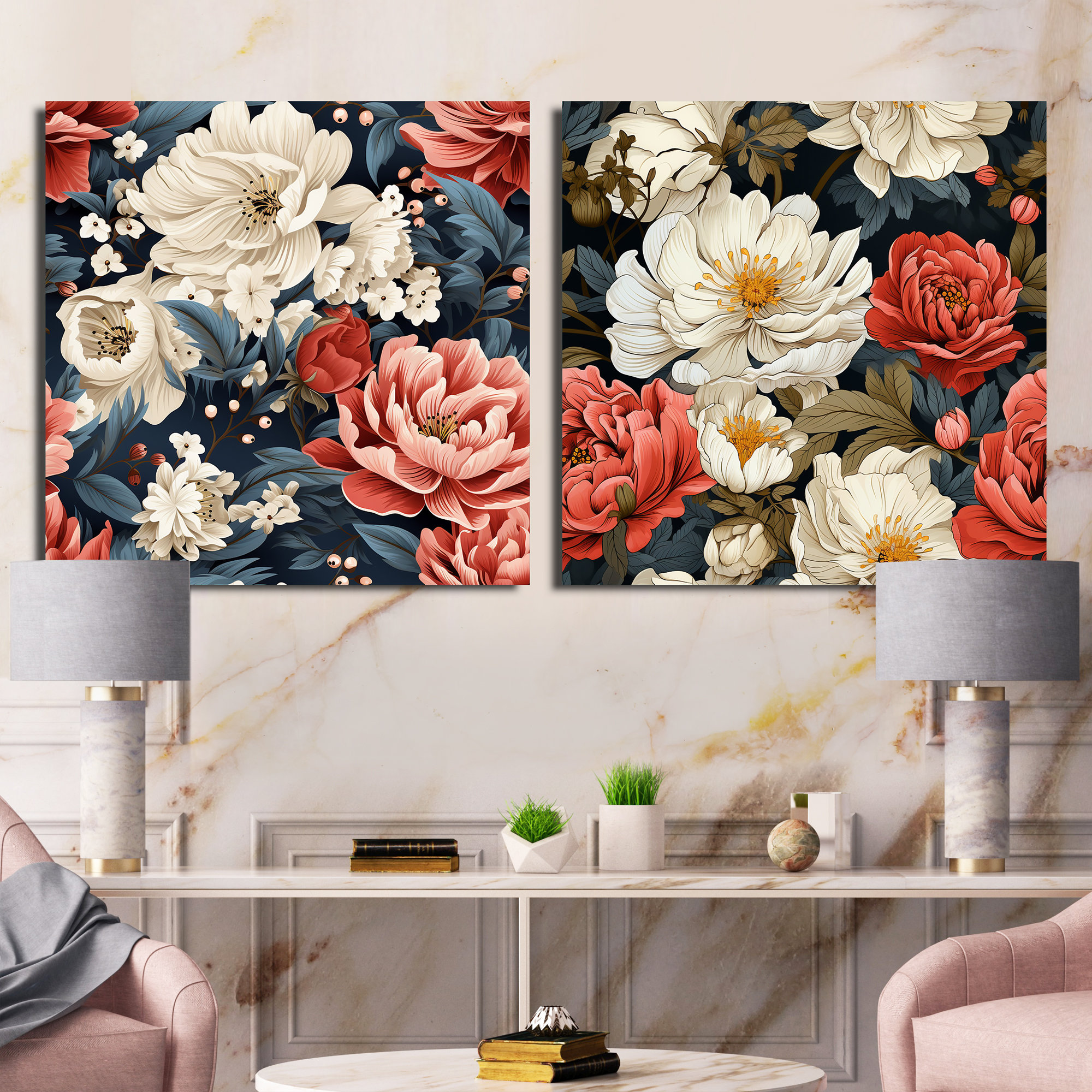 Design Art Beige And Light Red Farmhouse Floral Pattern - Floral Square ...