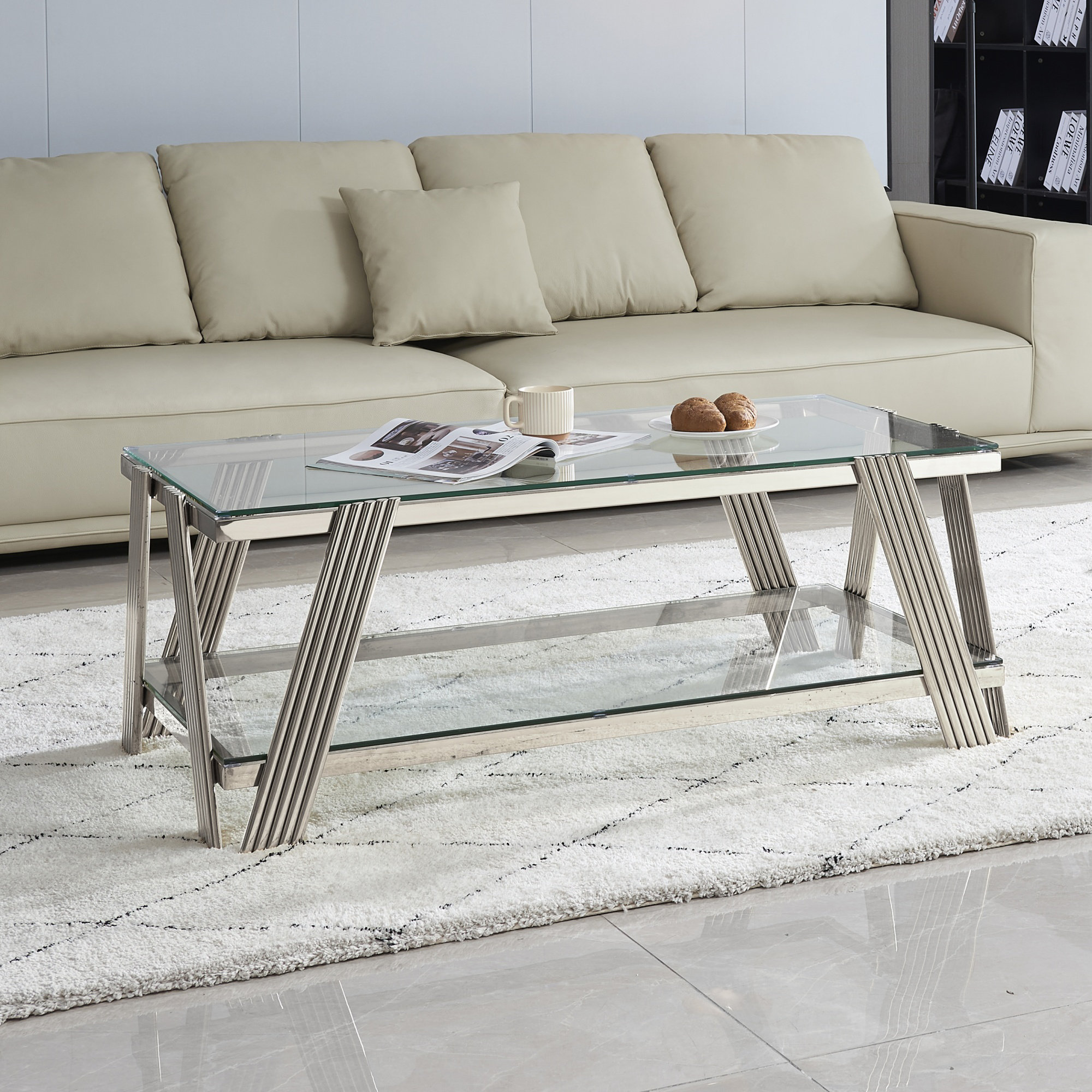 Mercer41 47" Wide Rectangle Modern Stainless Steel Coffee Table, Double ...
