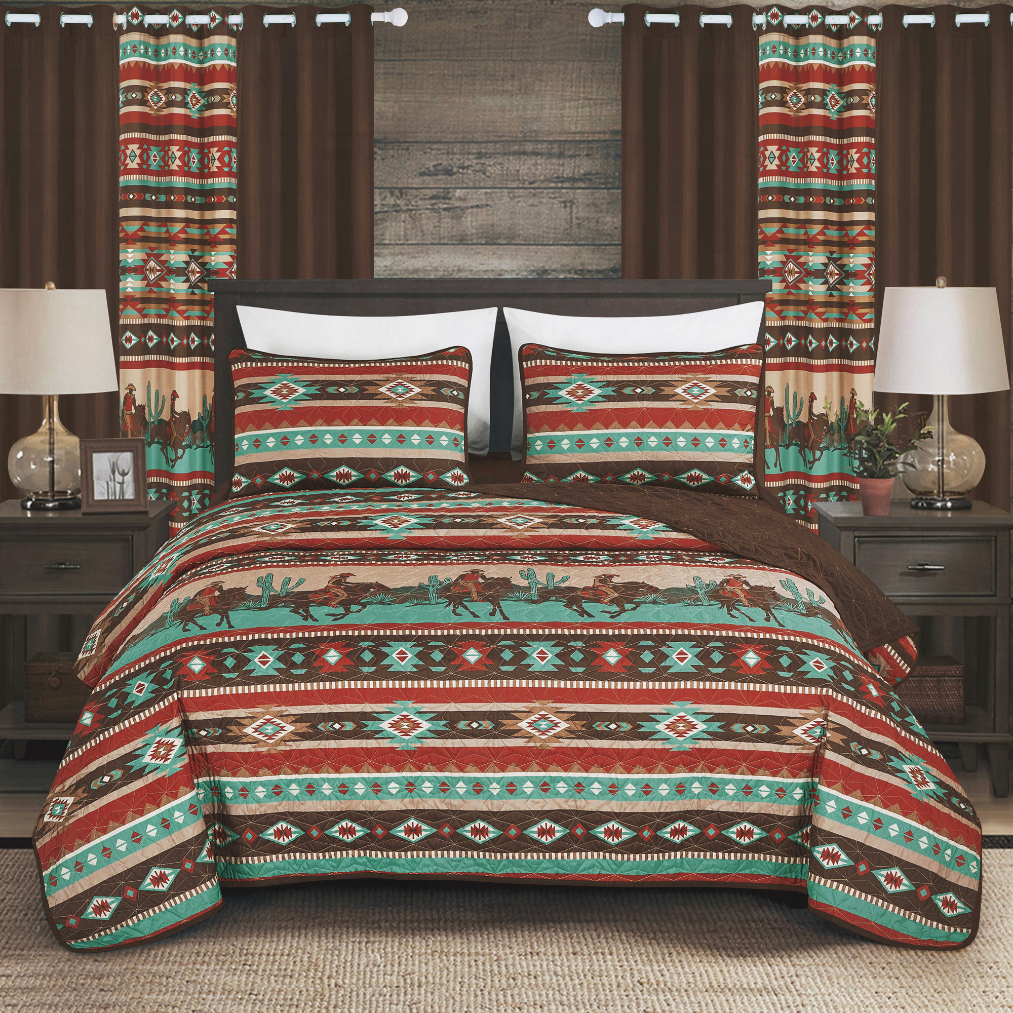 BRHF 10-Piece Southwestern Cowboy Aztec Bedspread Set With Curtains ...