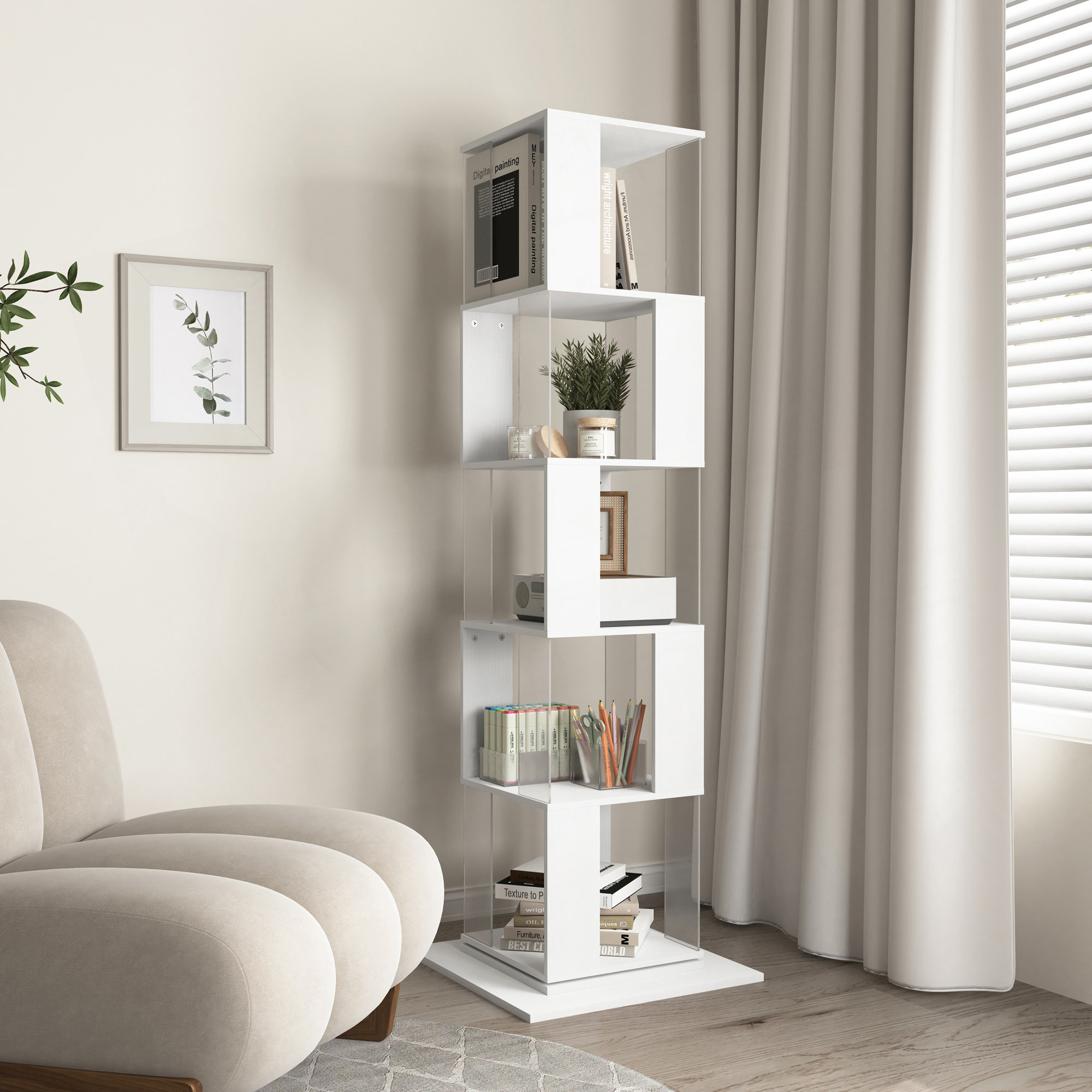 Wrought Studio™ 5 Tier Rotating Bookshelf, Floor Rack Simple Bookcase ...
