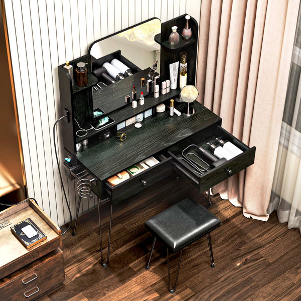 17 Stories Dressing Table Makeup Vanity Table Set with Mirror, Power ...