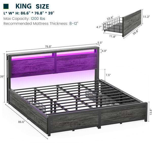 Wrought Studio™ Bed Frame With 4 Drawers, Metal Frame With LED Light ...