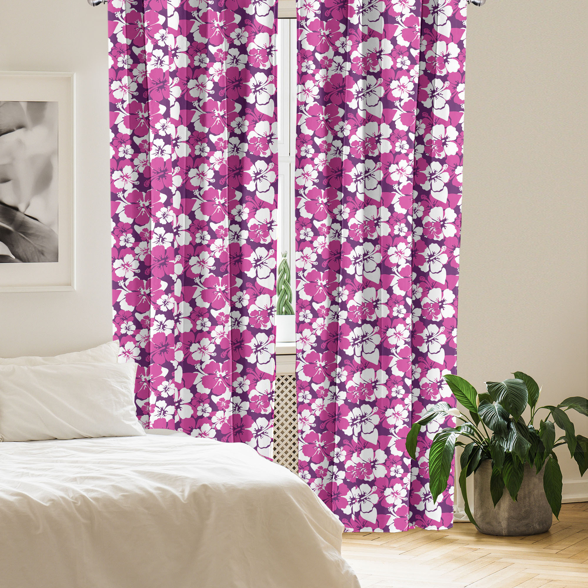 East Urban Home Violet 4-Panel Curtains, Graphical Hibiscus Art, White ...