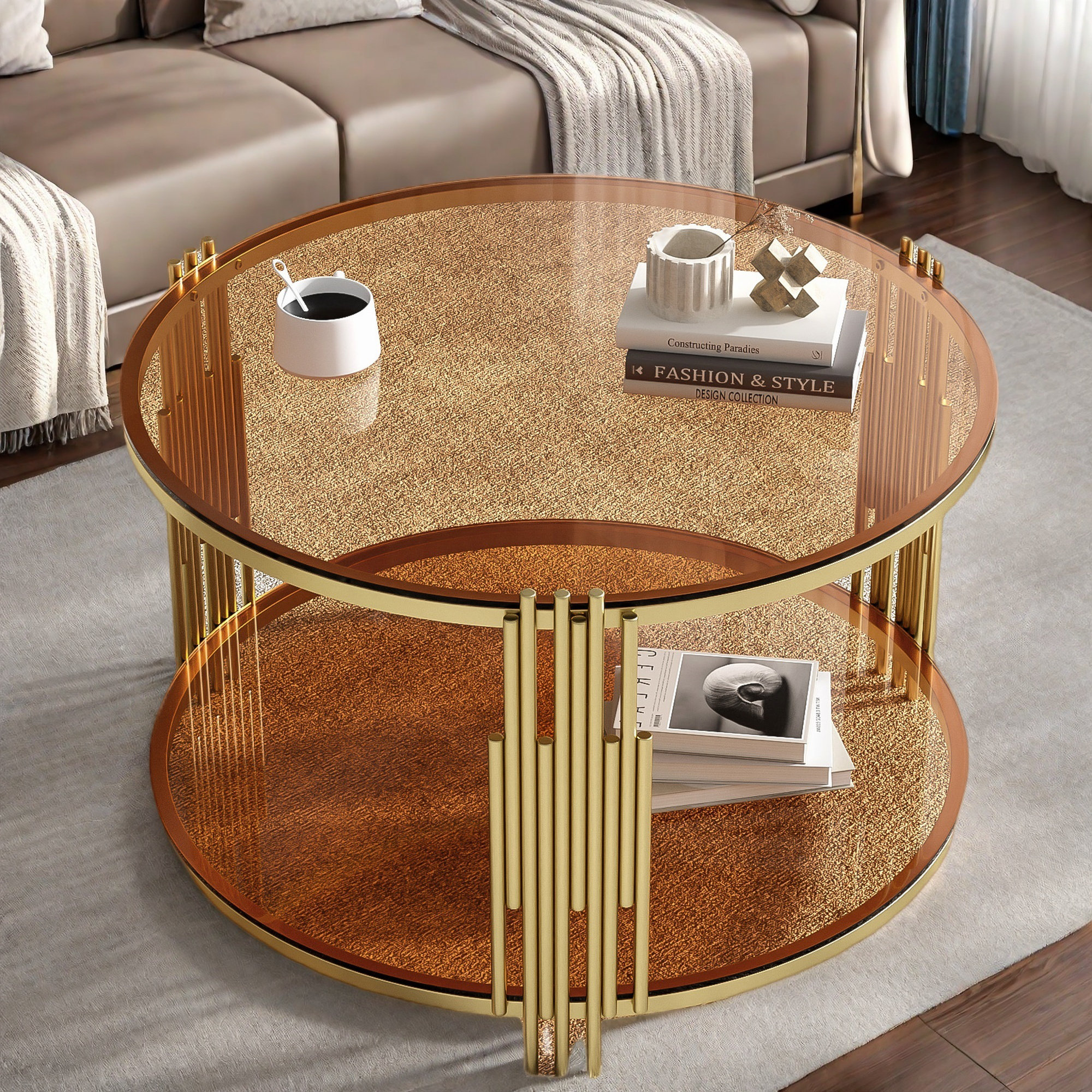 Mercer41 Coffee Table Modern Glass Coffee Table With Asymmetrical Metal ...