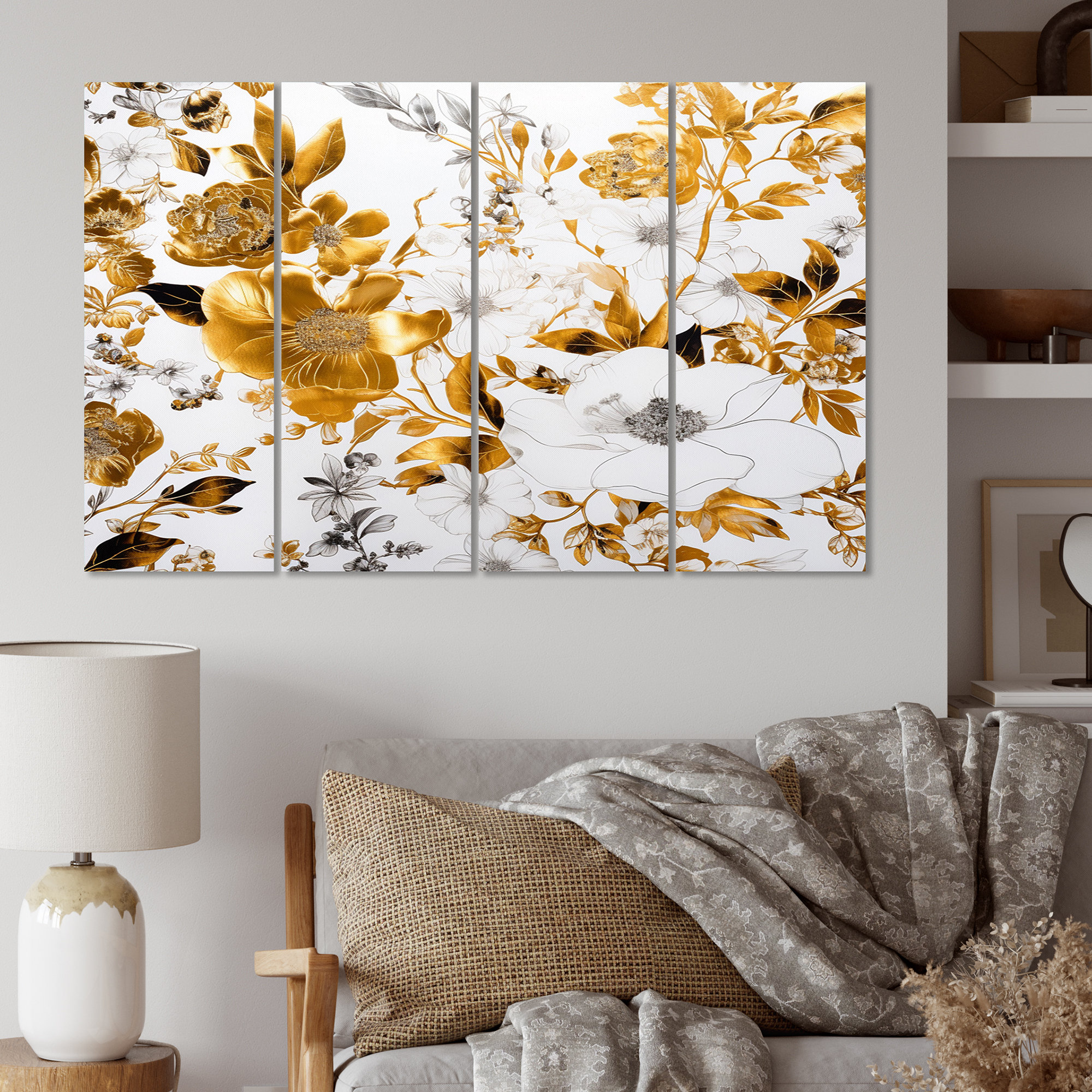 House of Hampton Floral Gold Glam Blossoming Wild White Roses II 4 ...