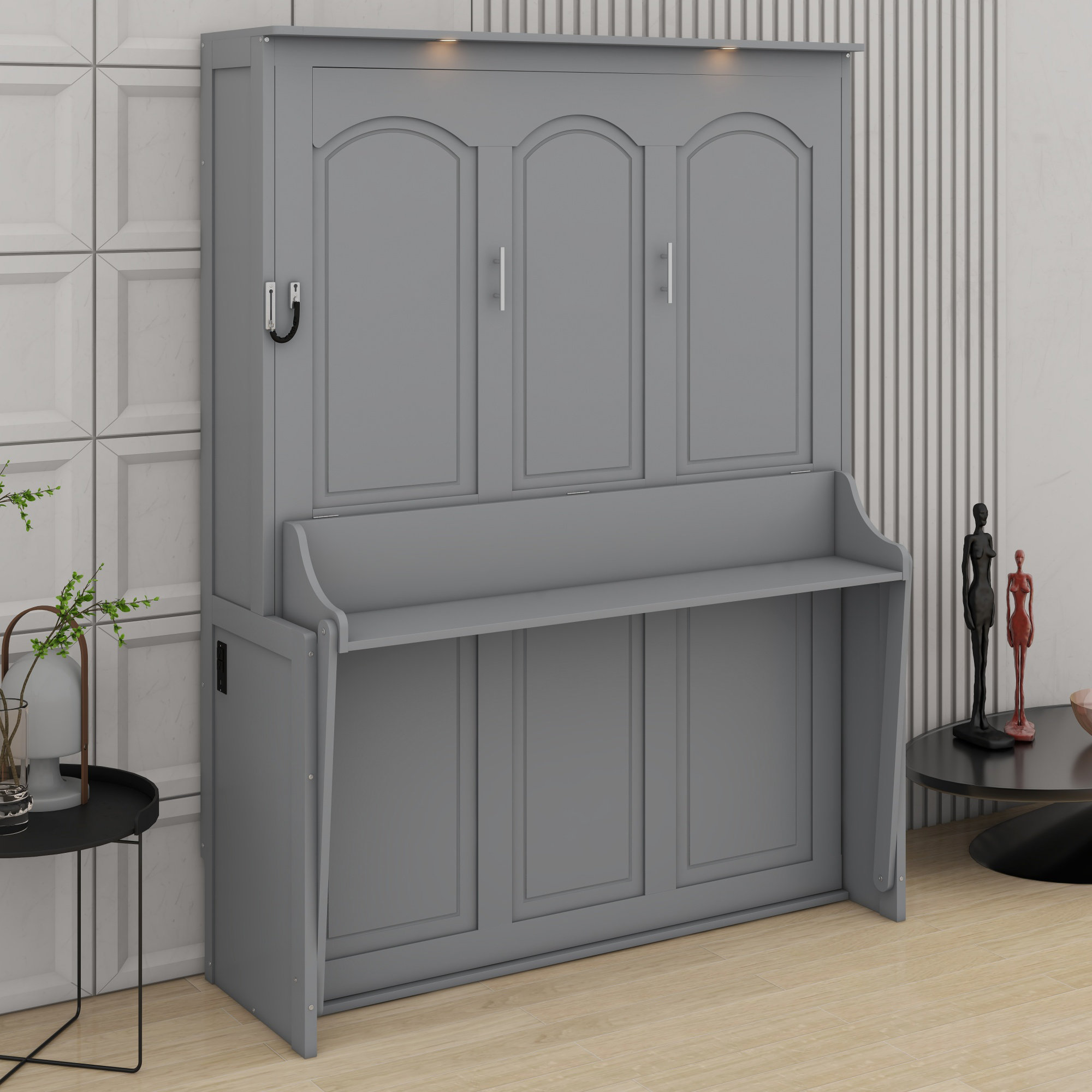 Wrought Studio™ All-in-One Murphy Bed with Desk, LED Lights and USB ...