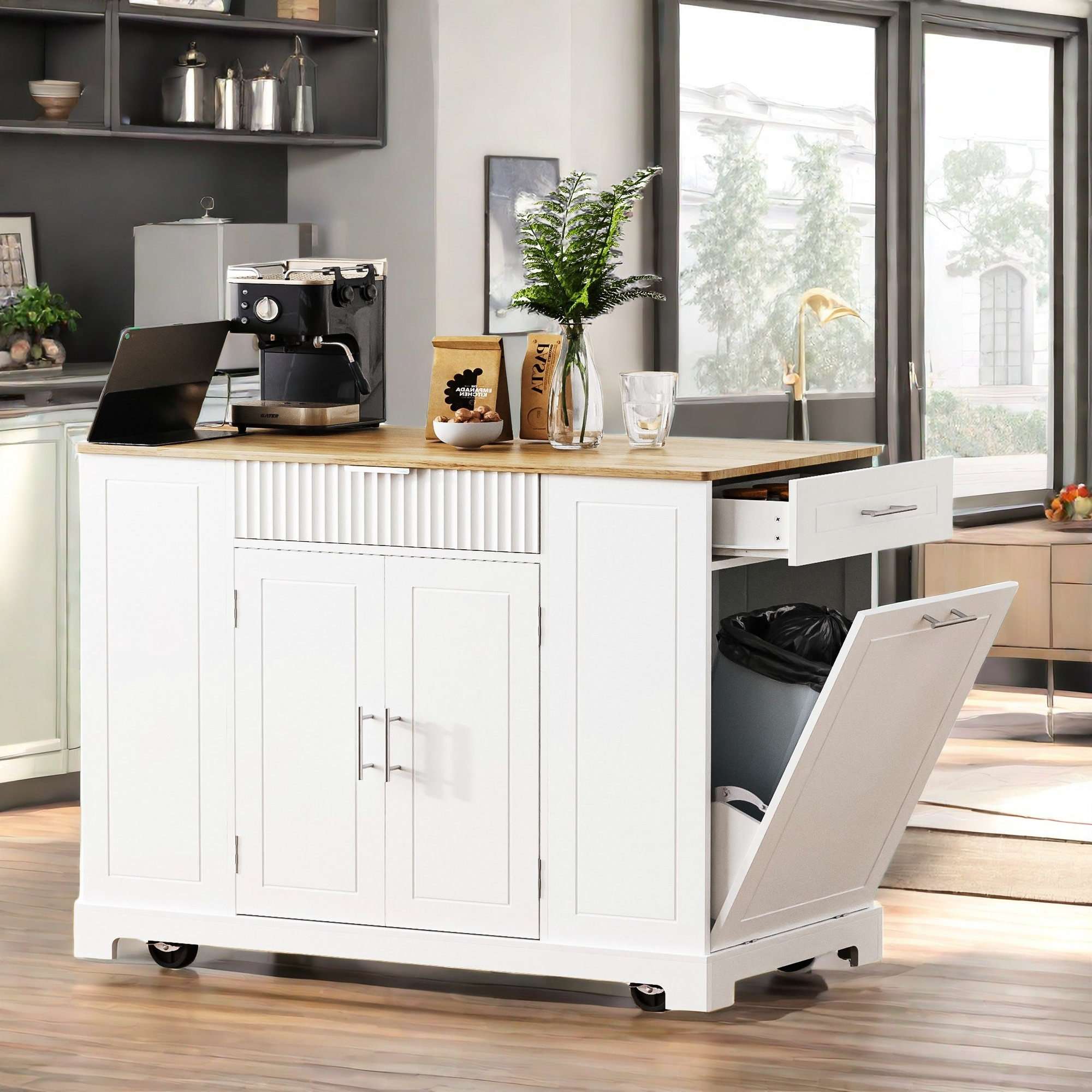 Lark Manor Fluted Kitchen Island With Tilt-out Trash Can, Power Outlet ...