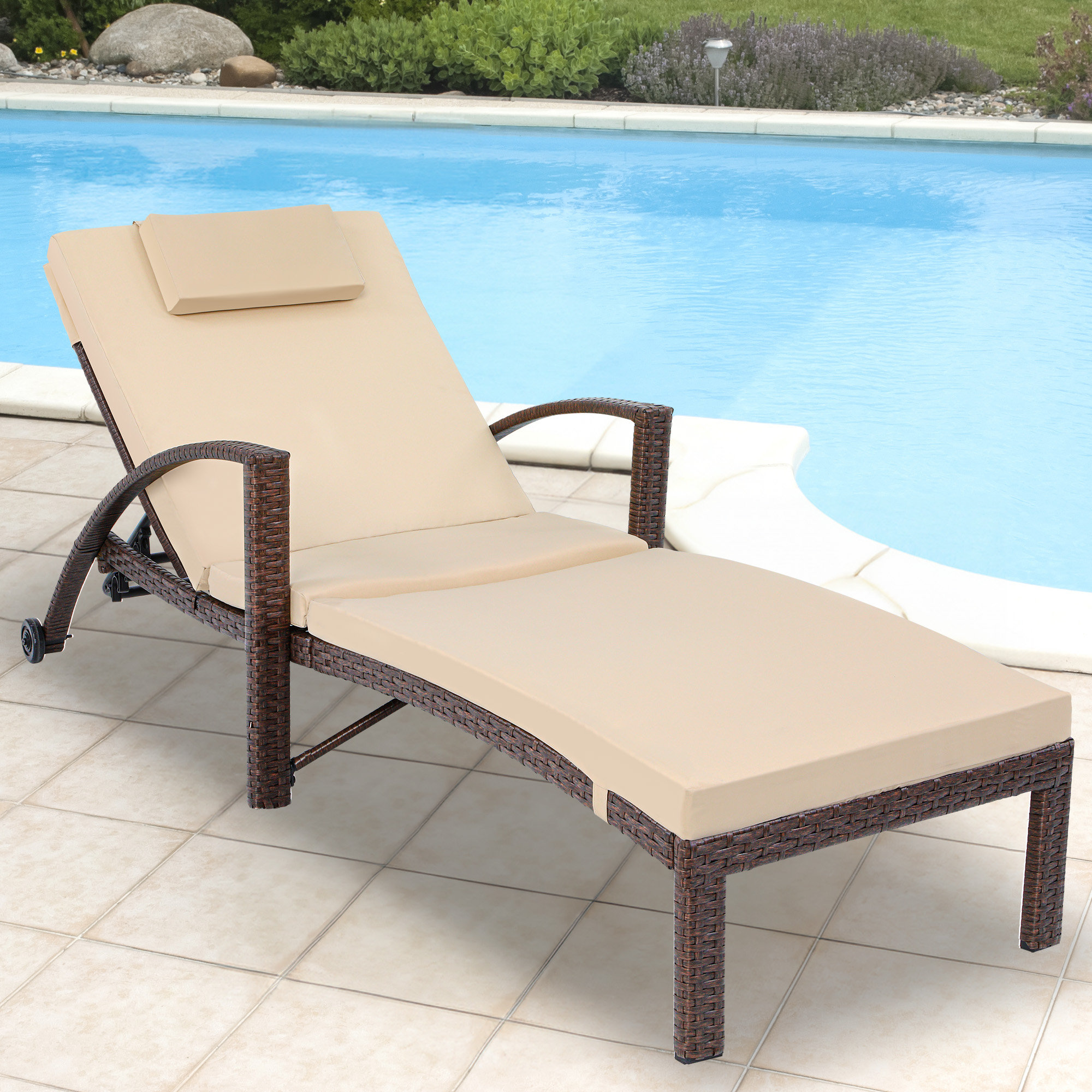 Winston Porter Outdoor Wicker Chaise Lounge with Cushion and Wheels ...