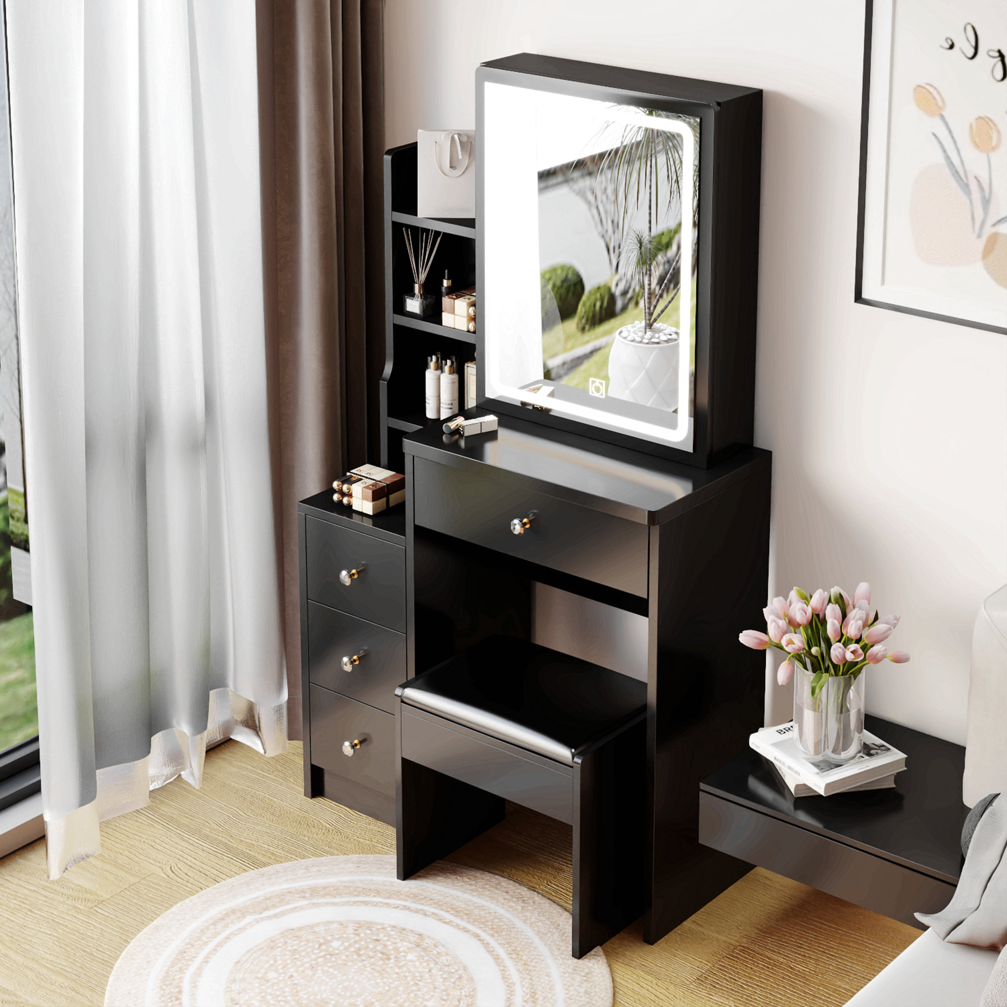 Wrought Studio™ Small Space Left Bedside Cabinet Vanity Table ...