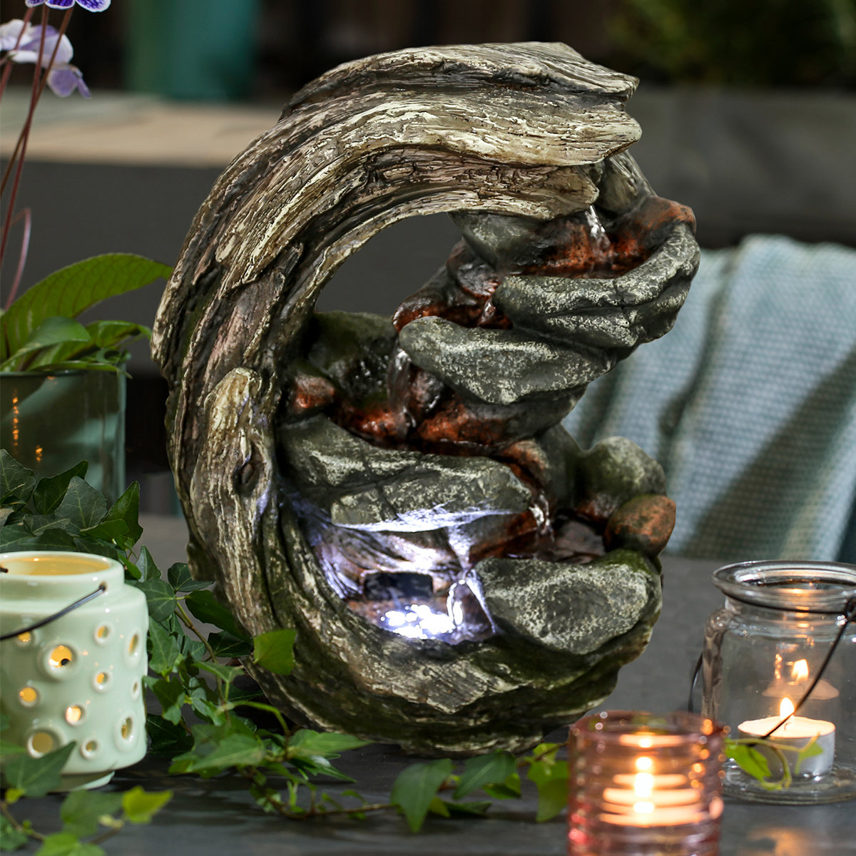 Hi-Line Gift Ltd. Resin Stone Waterfall Fountain with 4 White LED ...