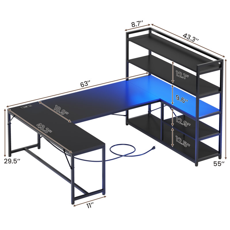 Sedeta 63'' Reversible Computer Desk With LED Power Outlet And Storage ...