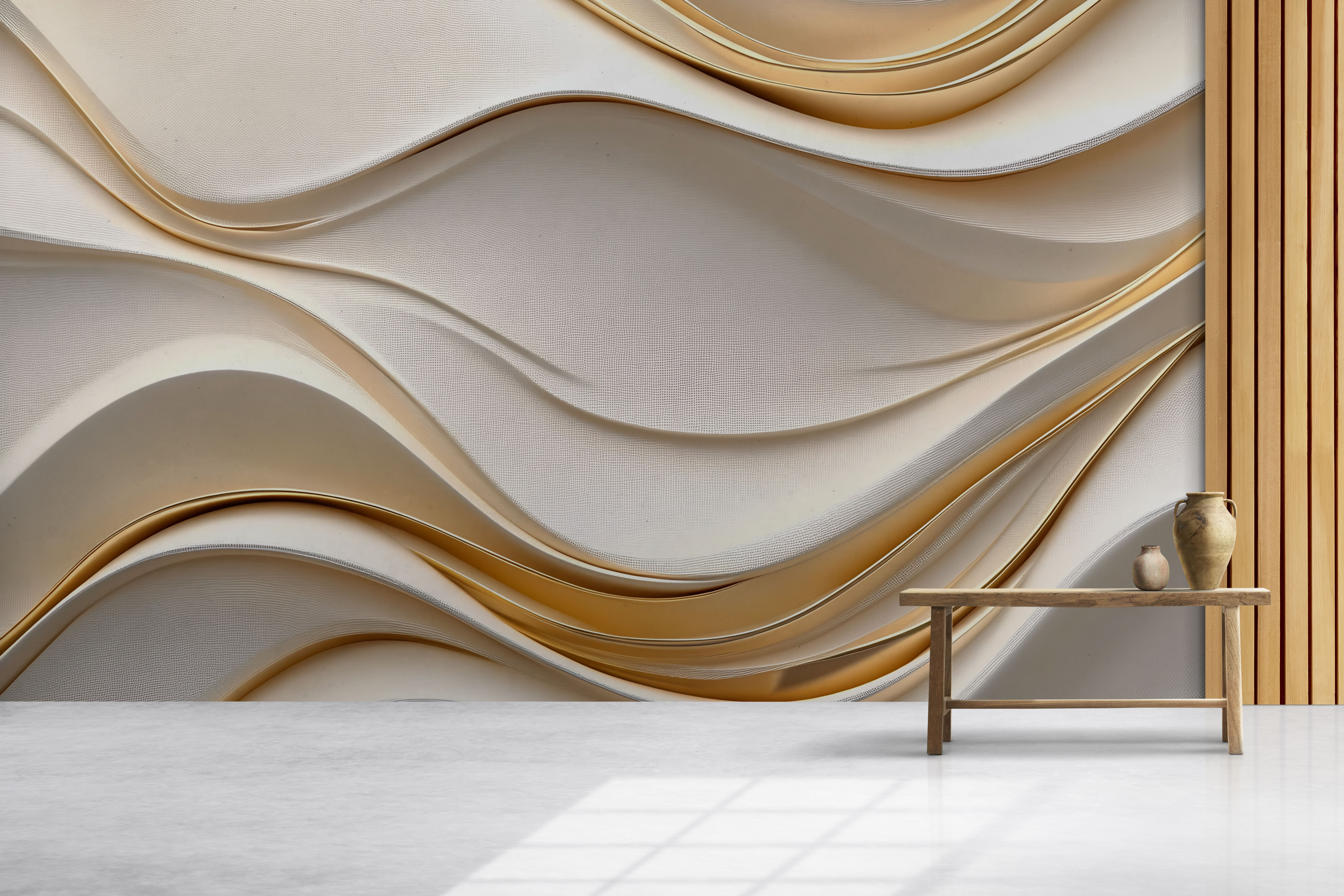 Everly Quinn Elegant Gold Wave Wall Mural – Modern 3D Luxury Accent ...
