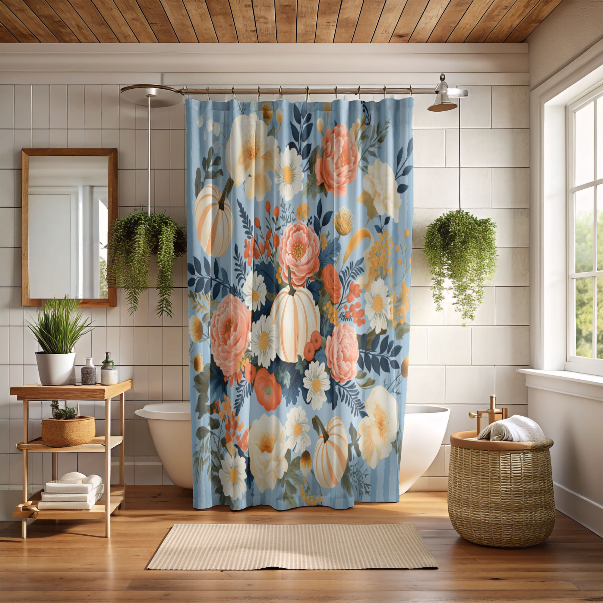 East Urban Home Pumpkin Floral Art - 1 Piece Standard Shower Curtain ...