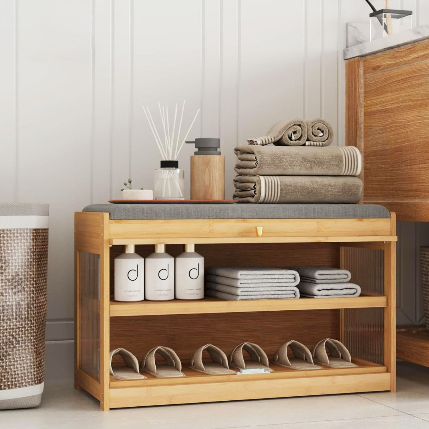 Gracie Oaks Bamboo Shoe Bench Rack with Removable Cushion, Hidden ...