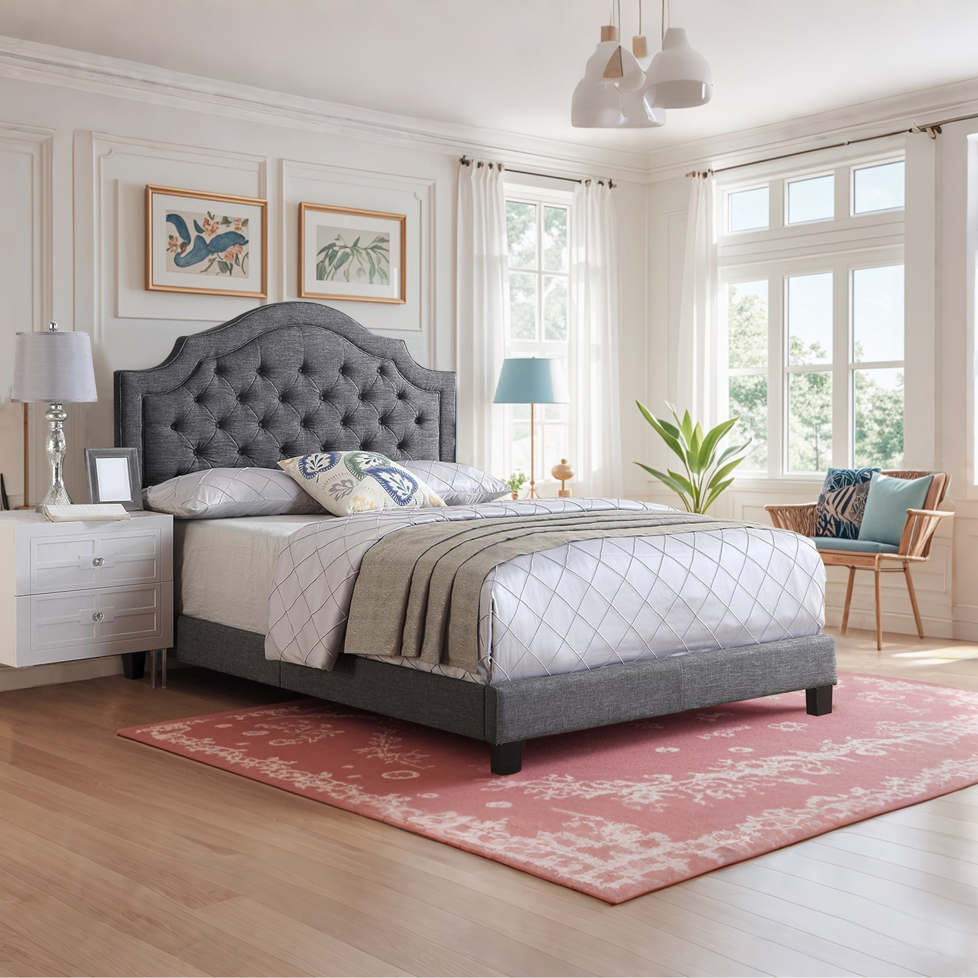 Lark Manor™ Linen Upholstered Bed with Adjustable Headboard and Button ...