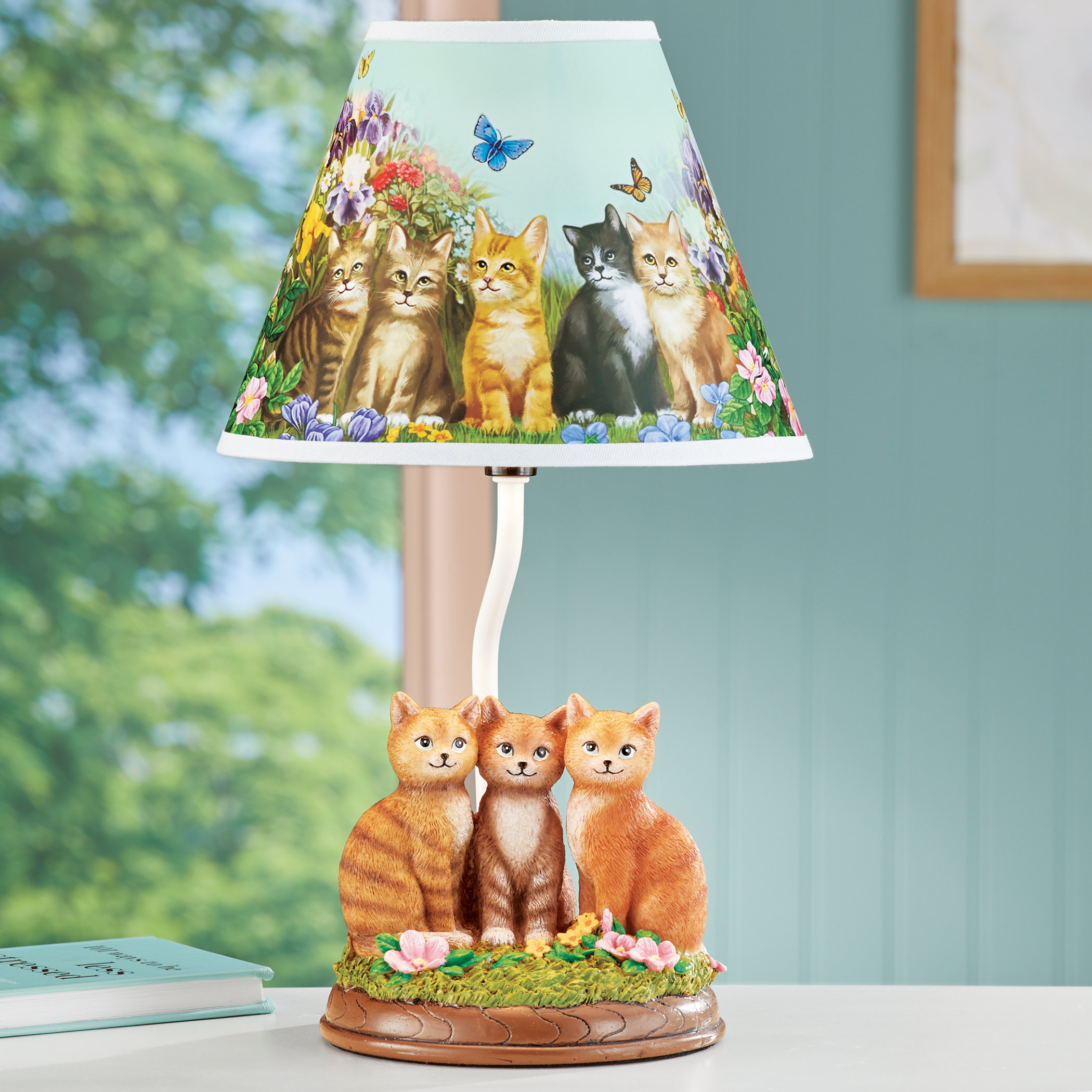 August Grove® Hand-Painted Cats in Garden Table Lamp | Wayfair